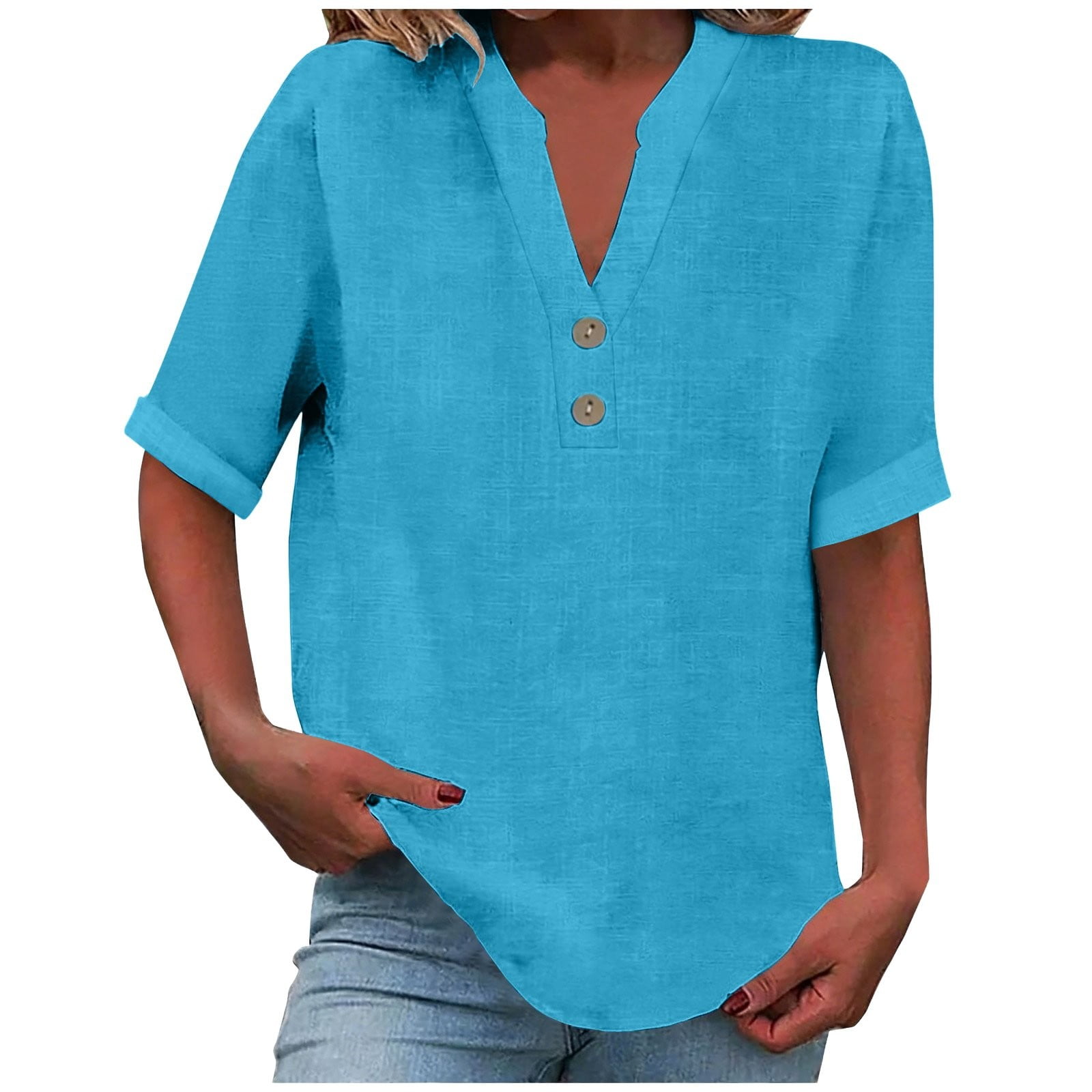 BODOAO Women's Linen Blouses Henley Neck Oversized Blouse Solid Color ...