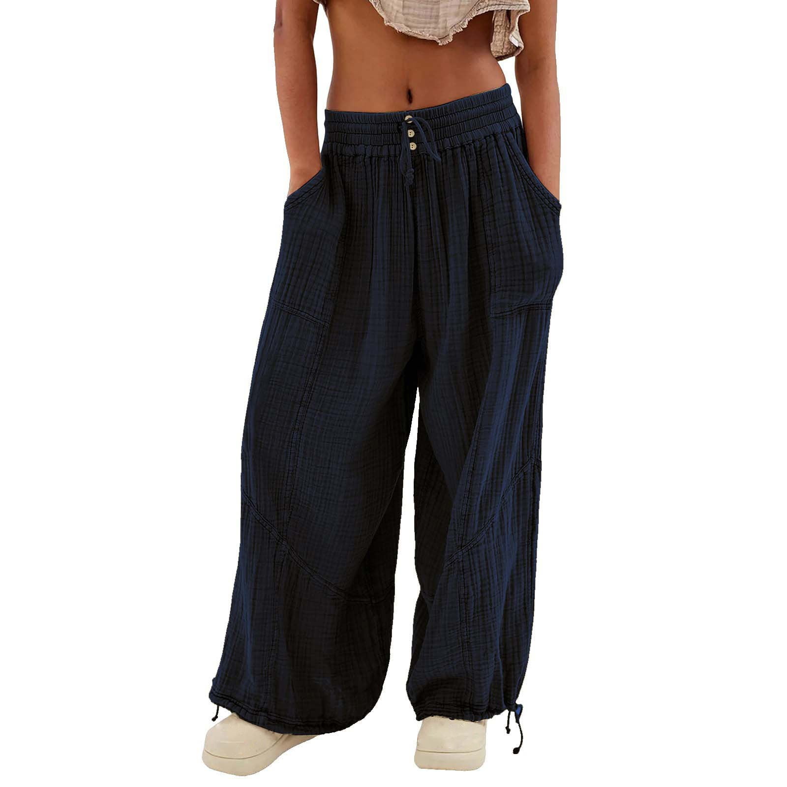 BODOAO Women's Linen Pants Summer Wide Leg High Waist Drawstring ...