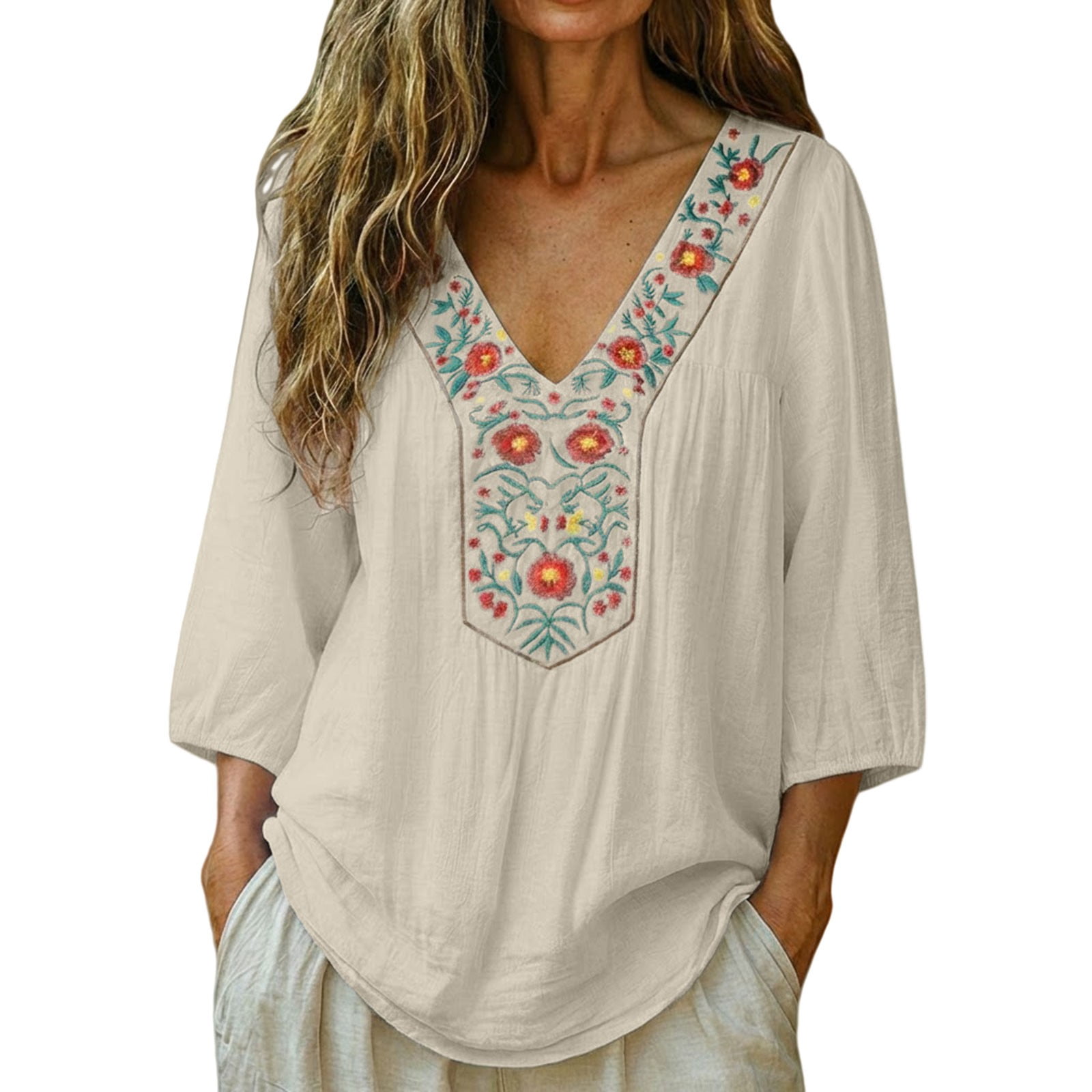BODOAO Women's Linen Shirt 3/4 Sleeve Floral Embroidery V Neck Blouses ...