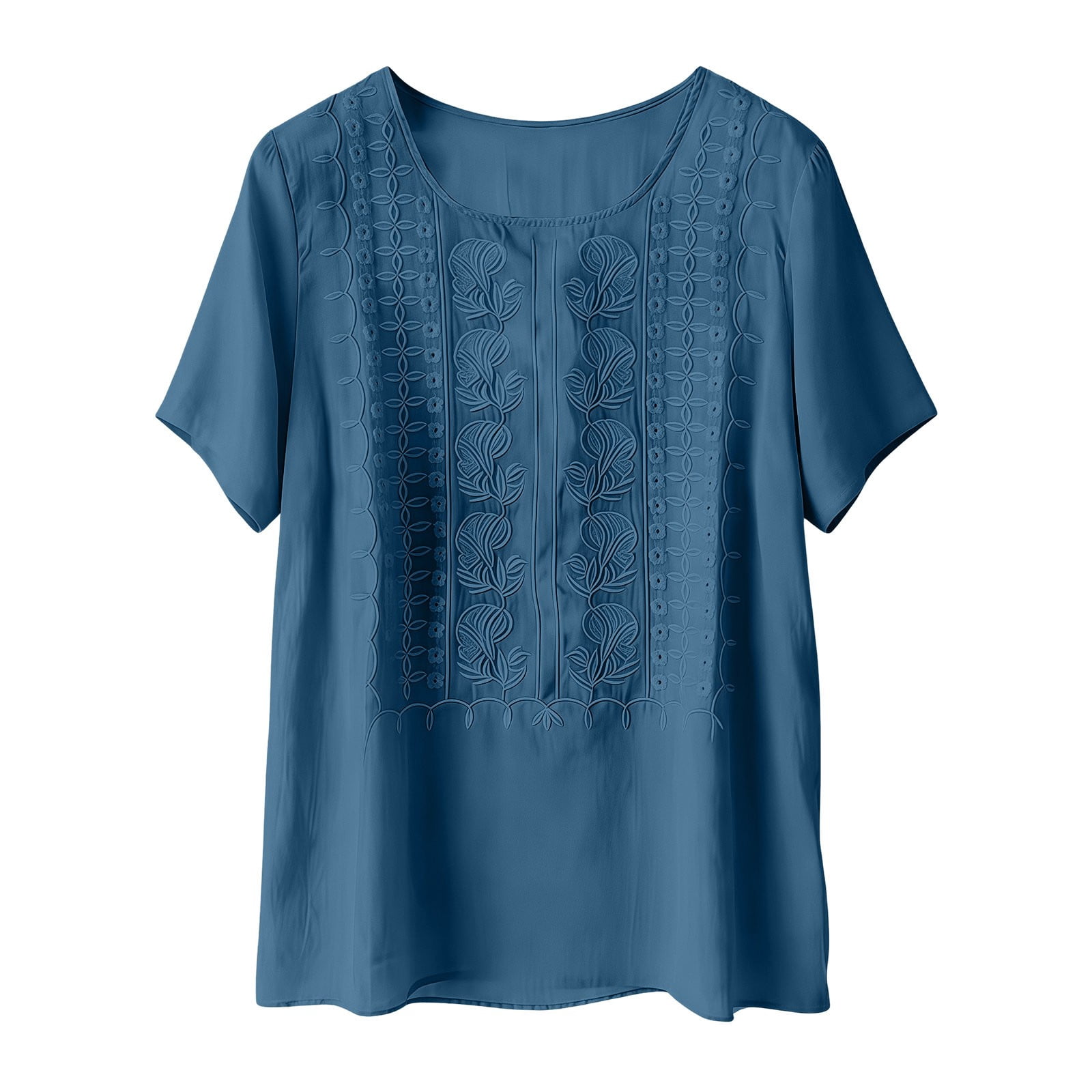 BODOAO Women's Linen Shirt Short Sleeve Floral Embroidery Scoop Neck ...