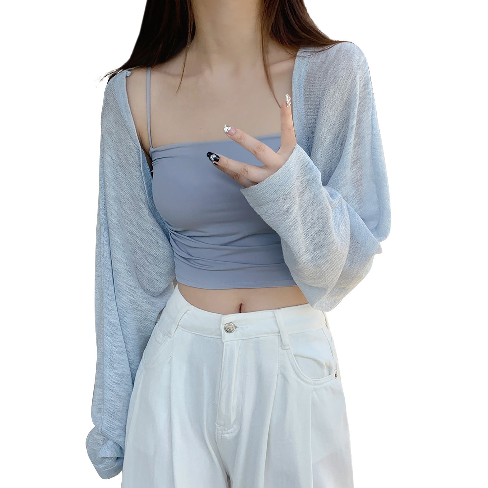 BODOAO Women's Long Sleeve Open Front Crop Cardigan Drop Shoulder ...