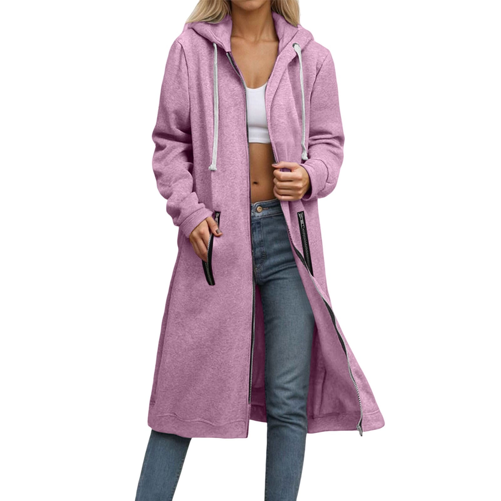 BODOAO Women's Long Zip Up Oversized Drawstring Hooded Hoodie Jacket ...