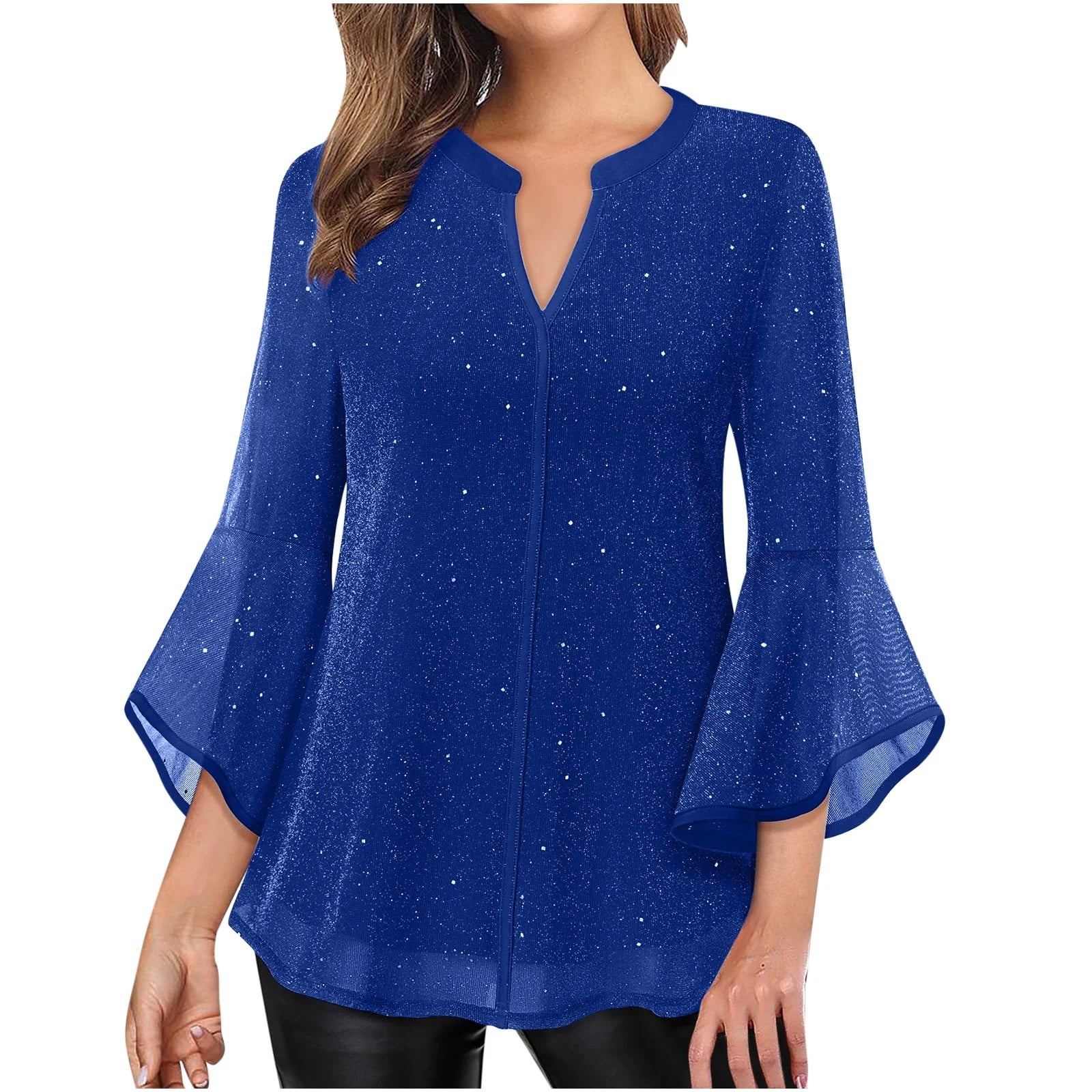 BODOAO Women's Ruffle 3/4 Sleeve Sparkly Tops Sequin V Neck Blouses ...