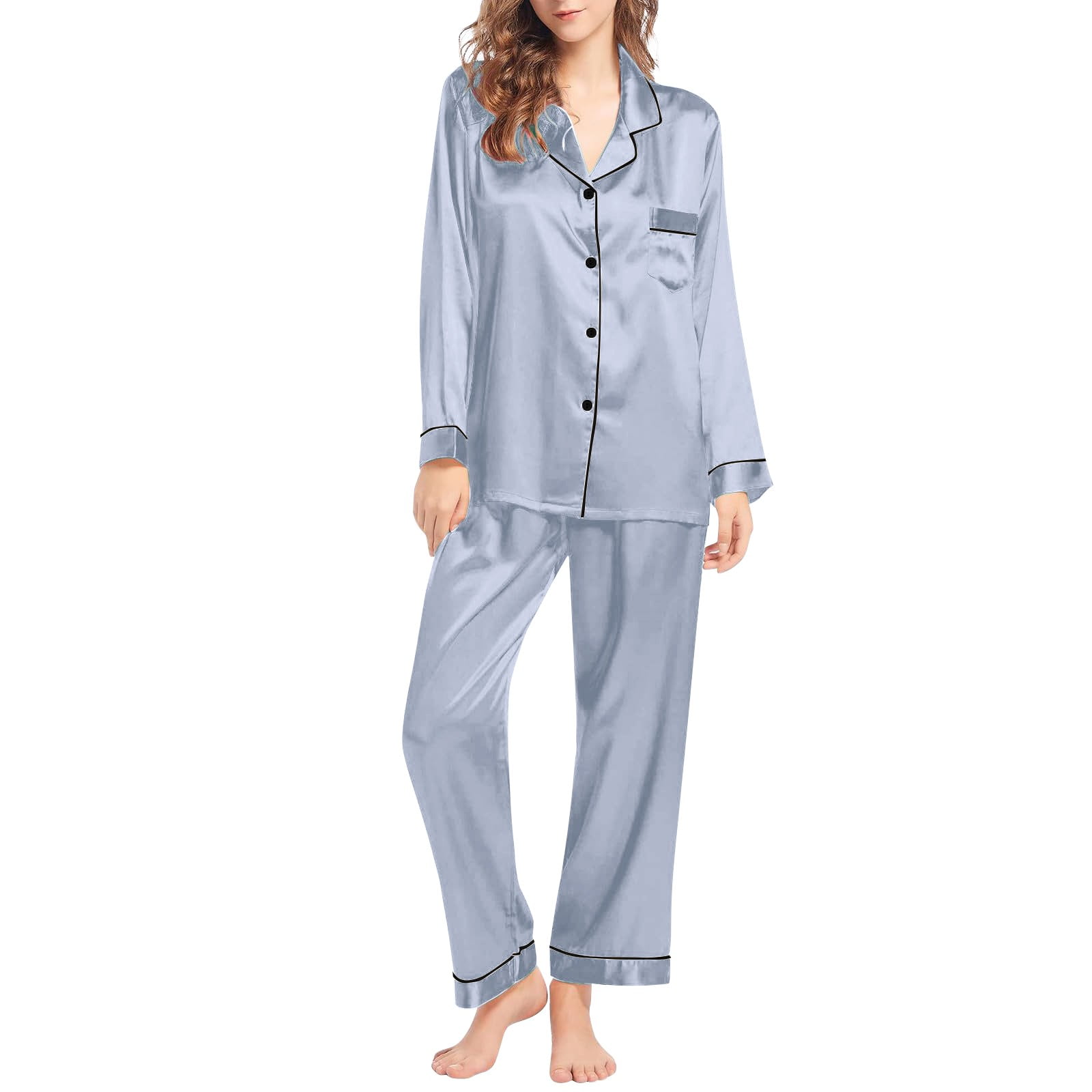 BODOAO Women's Satin Pajama Set, Classic Button Down Long Sleeve ...