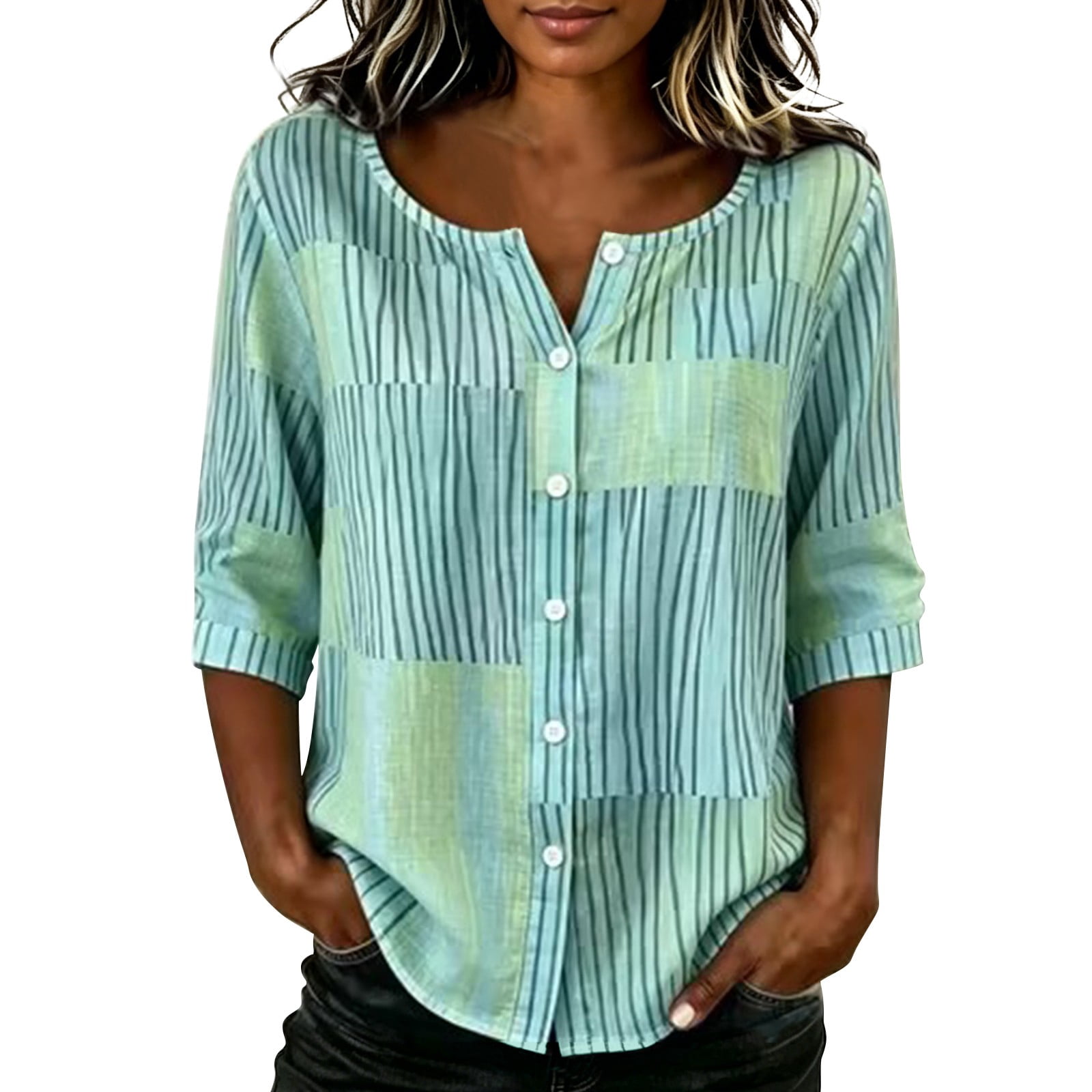 BODOAO Women's Stripe Printed Blouse 3/4 Sleeve Button Down Shirts Pack ...