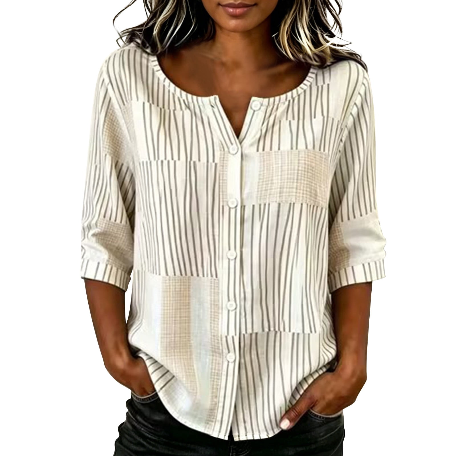 BODOAO Women's Stripe Printed Blouse 3/4 Sleeve Button Down Shirts Pack ...