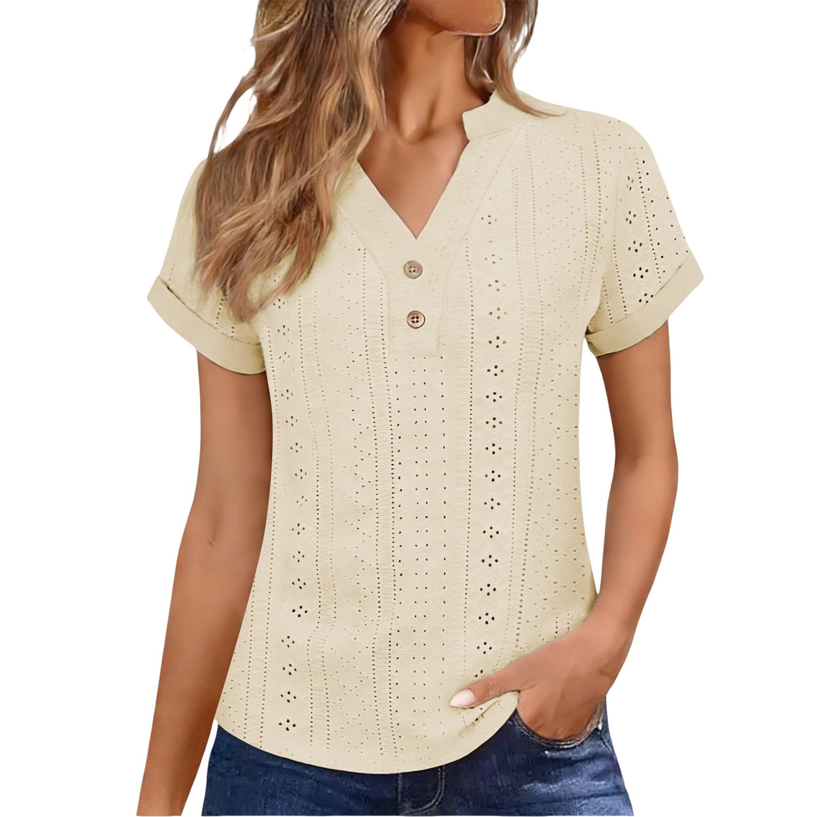 BODOAO Women's Summer Eyelet Tops Short Sleeve V-Neck Button Down ...
