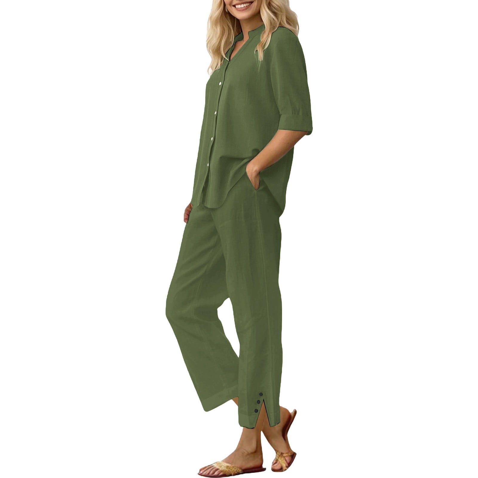 BODOAO Womens Linen Button Down Sets Soft Breathable Tunic Tops Half ...