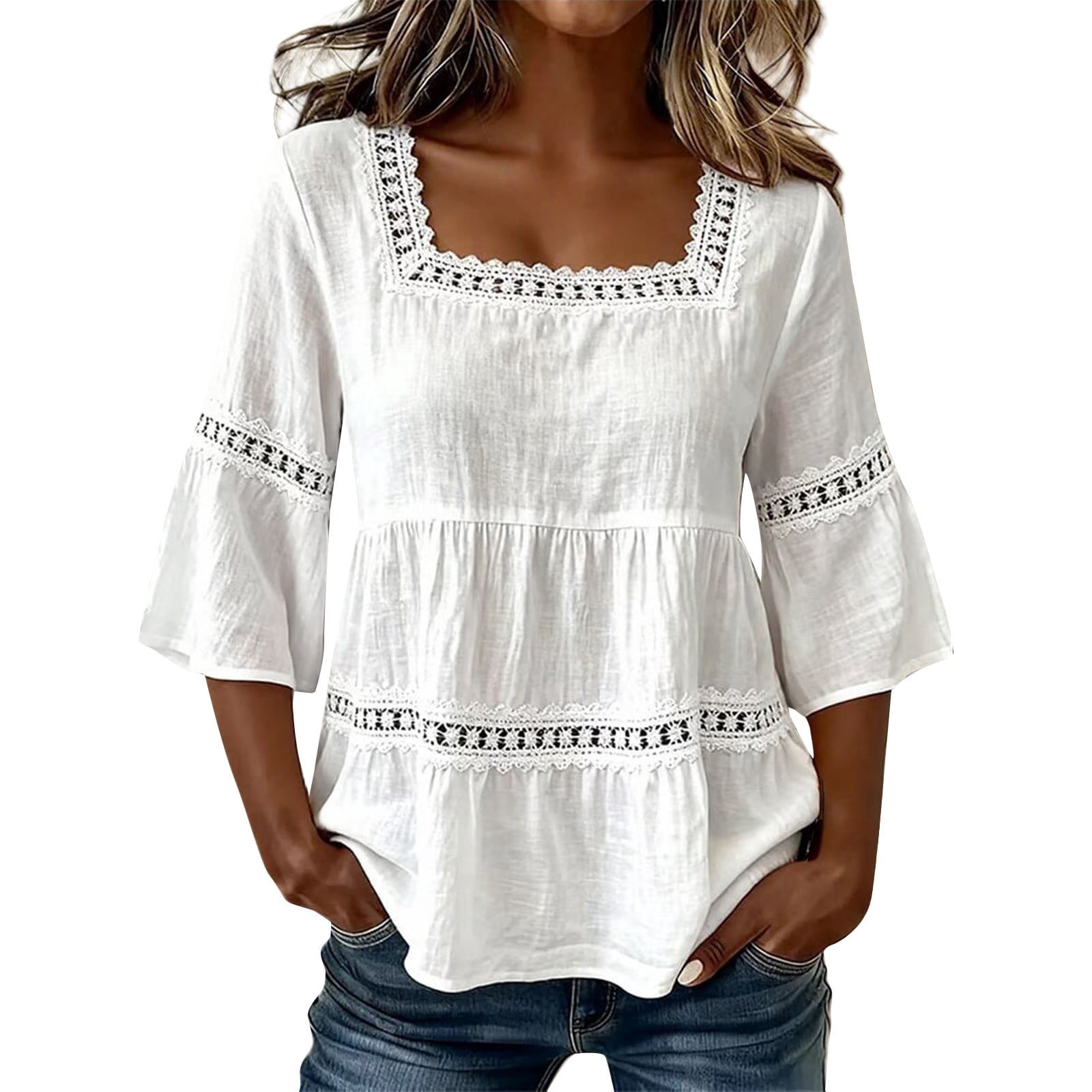 BODOAO Womens Plus Size Cotton Linen Blouses Casual Square Neck Lace ...