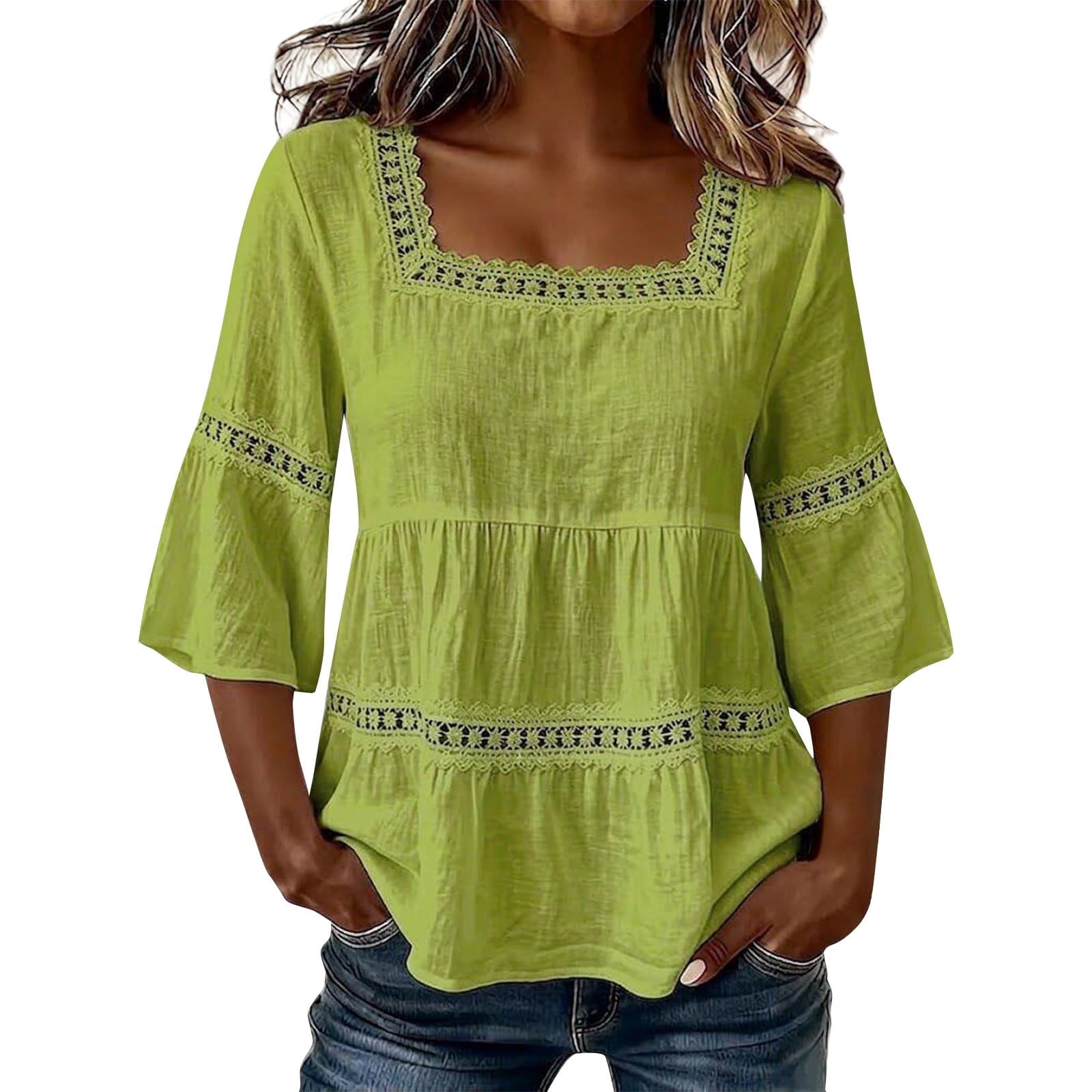 BODOAO Womens Summer Tunics Boho Tiered Smock Tops Elegant Square Neck ...