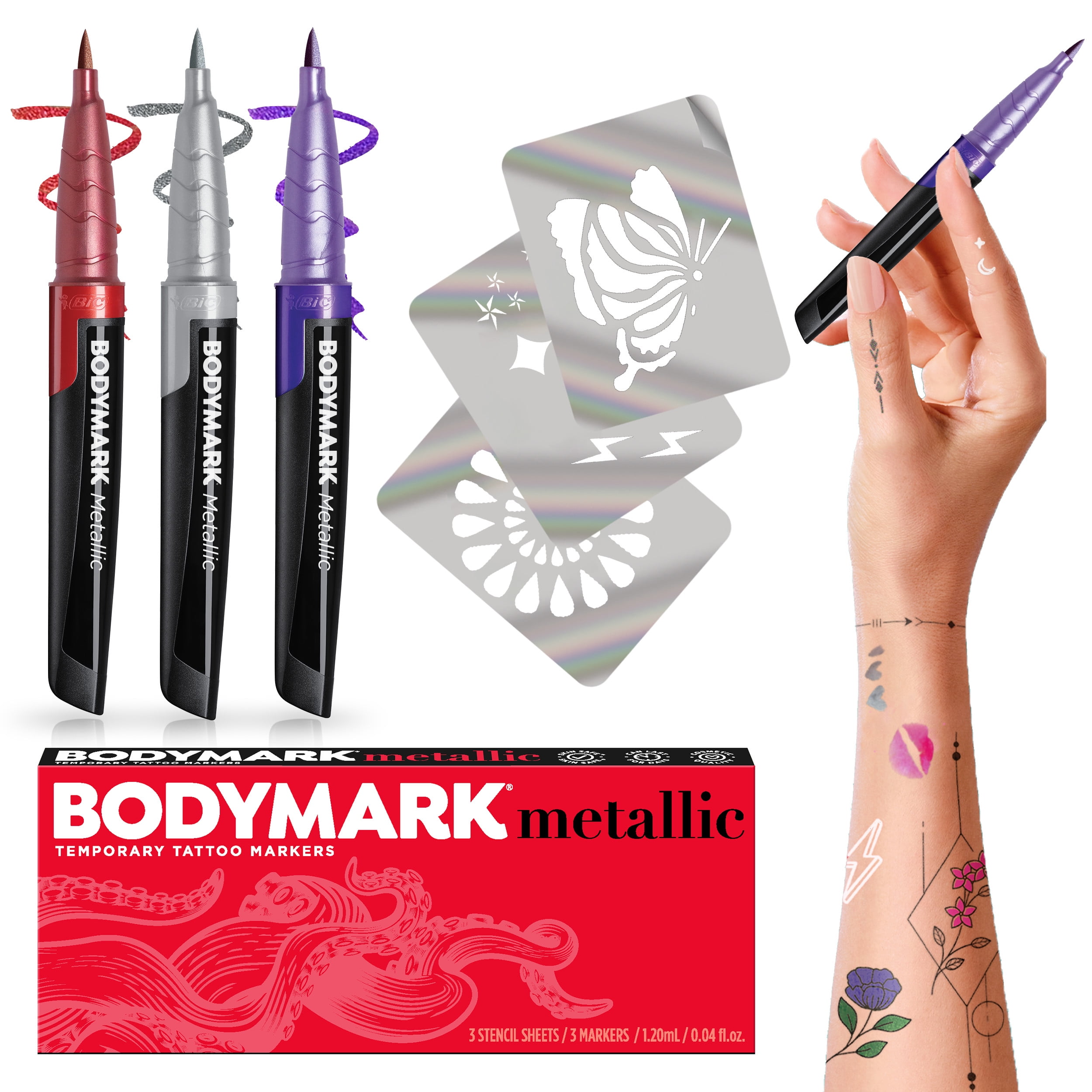 BODYMARK Metallic Pack, Temporary Tattoo Marker, 3-Count Markers, 4 ...