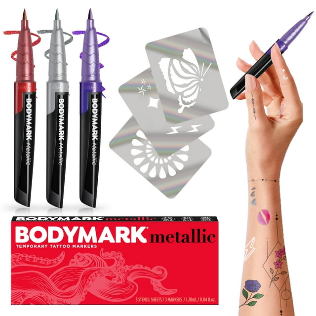 BODYMARK Metallic Pack, Temporary Tattoo Marker, 3-Count Markers, 4 Stencils - Walmart.com