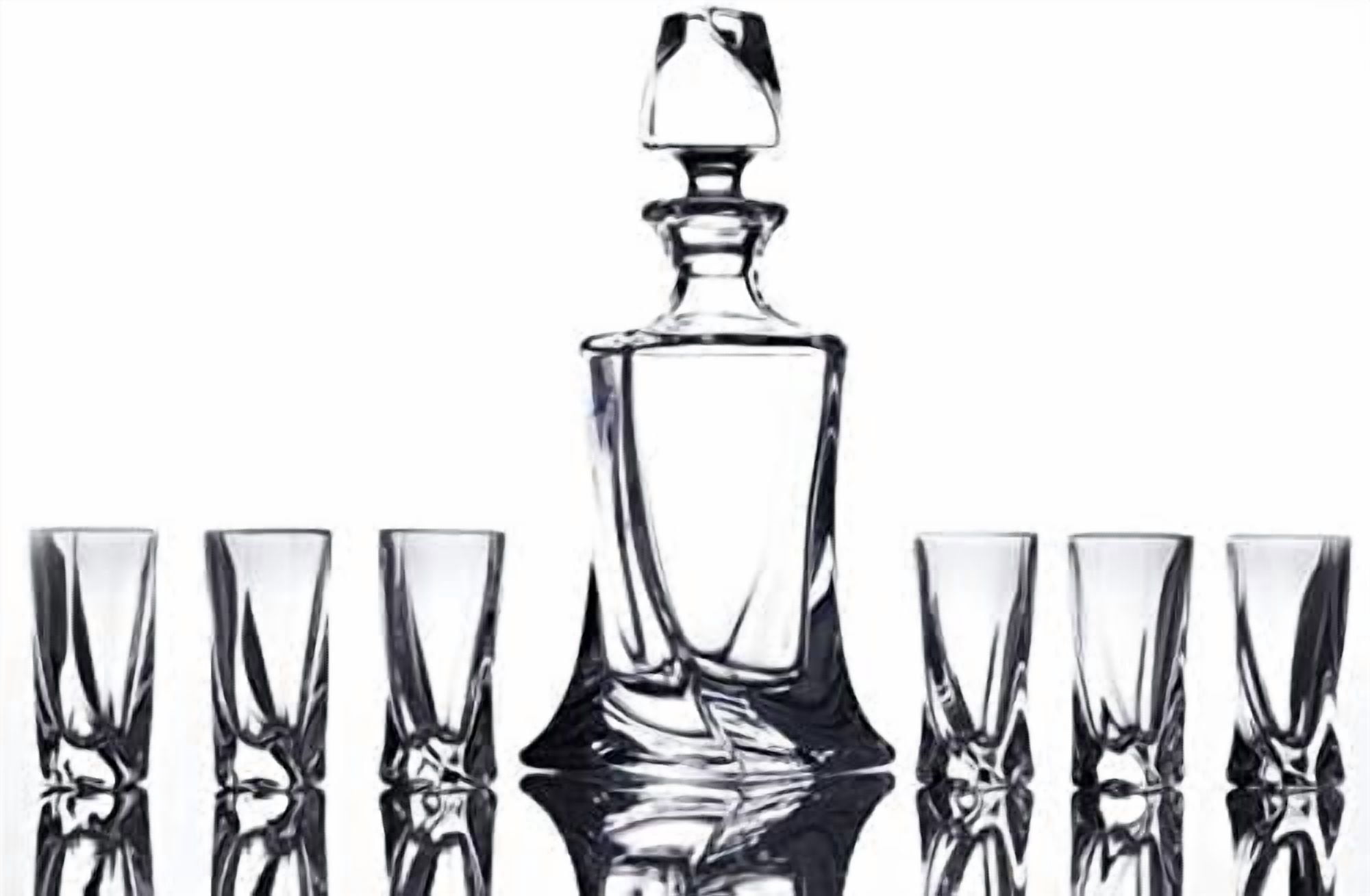 BOHEMIAN CRYSTAL GLASS SET 1+6 DECANTER 25oz./770ml. + SHOTS 1.7oz ...