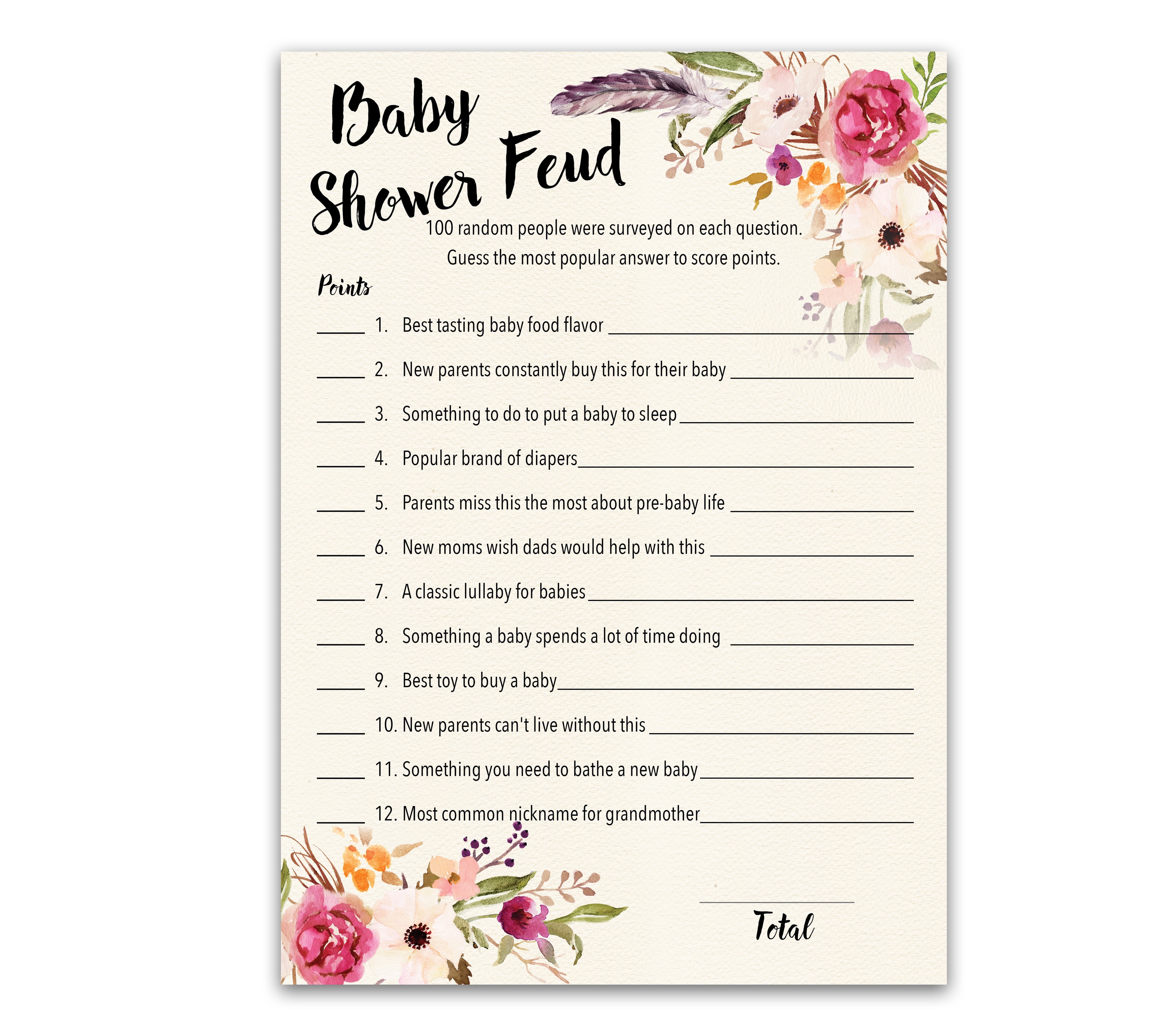 BOHO Baby Shower FEUD Game - Pack of 25 - Fun Shower Family Feud Games ...