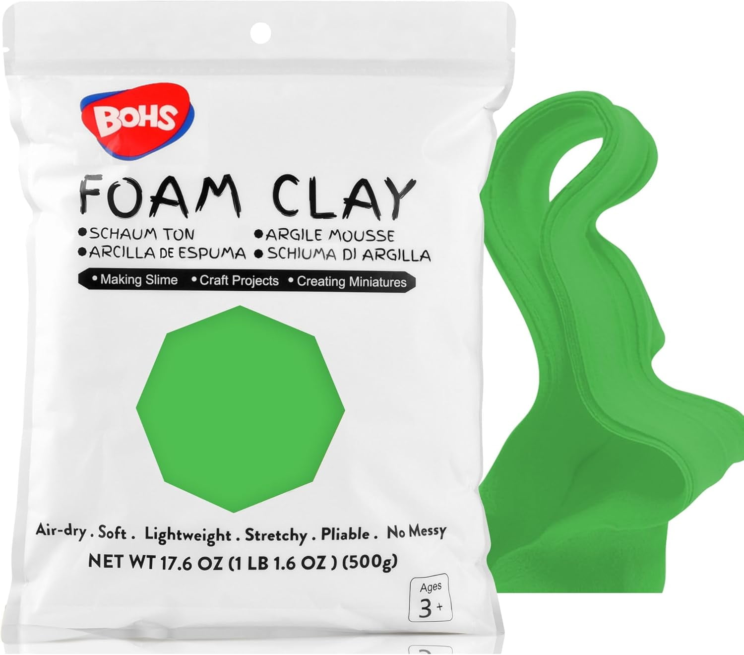 BOHS Green Modeling Foam Clay Lite - 500 Grams, Soft, No Stains, No ...