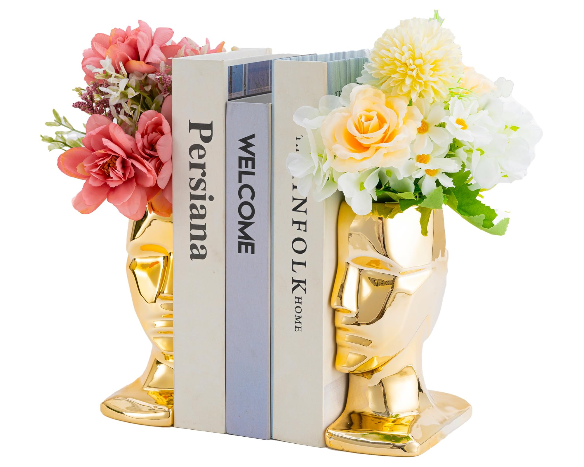 BOIHEGU Shiny Gold Decorative Bookends, 7 inch Multi Face Decorative ...