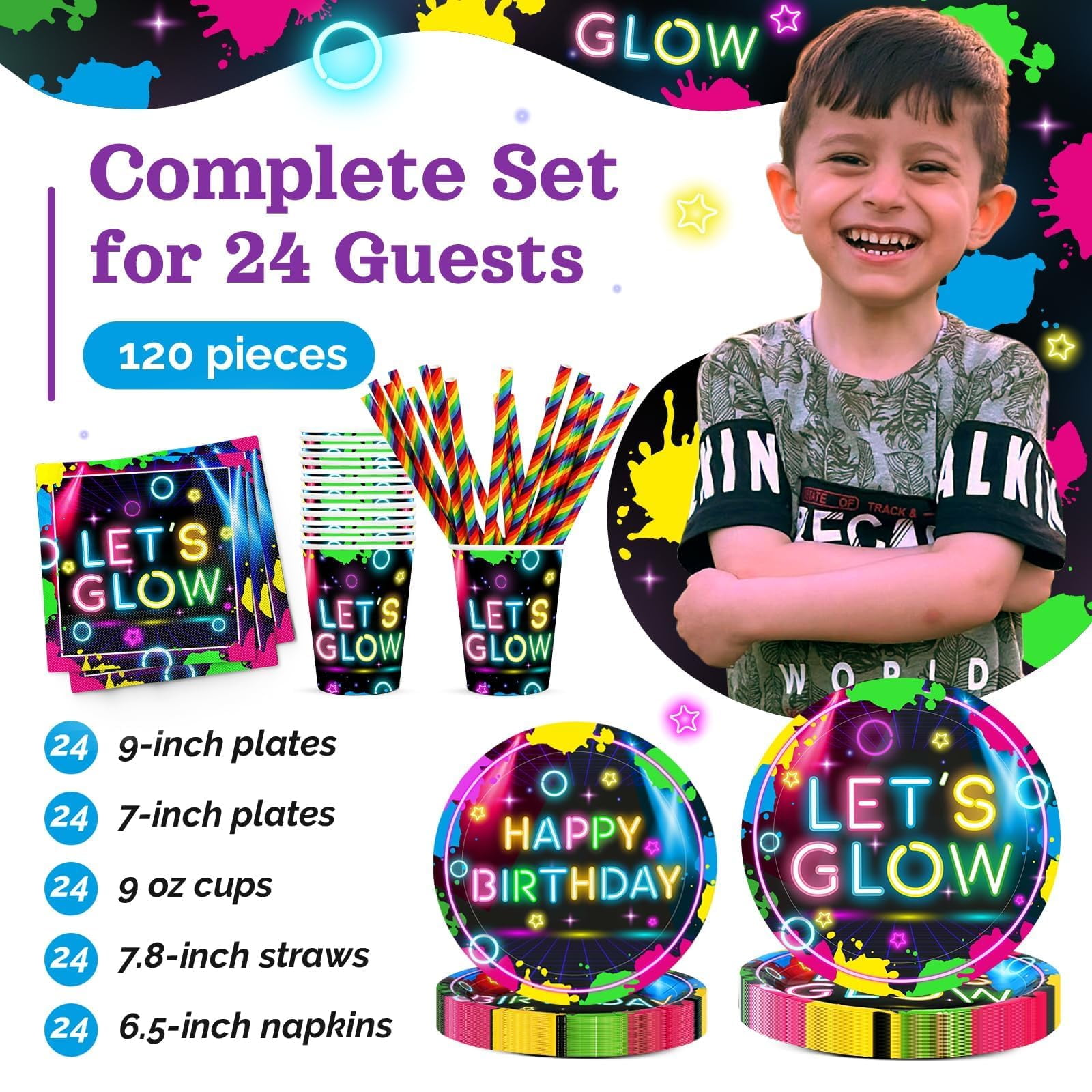 BOIKOKY Glow Neon AJH3 Birthday Party Supplies, 120Pcs Let's Glow ...
