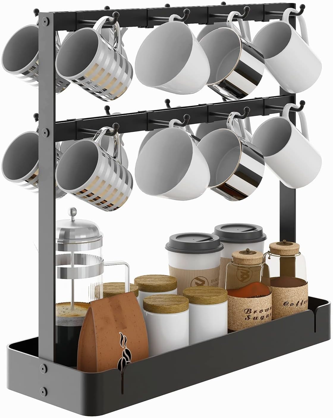 BOIVSHI 2-Tier Kitchen Organizer with Movable Hooks, Coffee Mug Rack ...