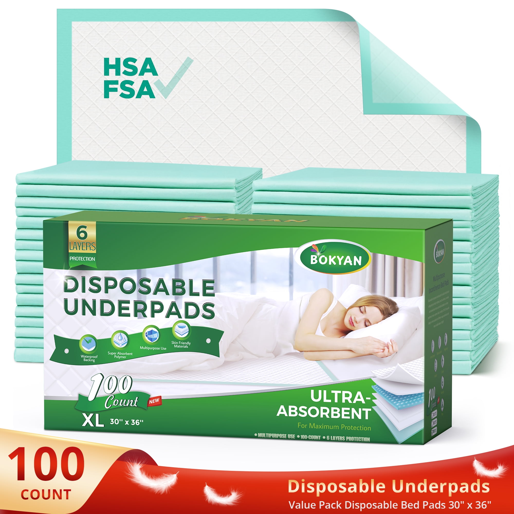 BOKYAN Bed Pads for Incontinence Disposable, 30 x 36 Waterproof ...