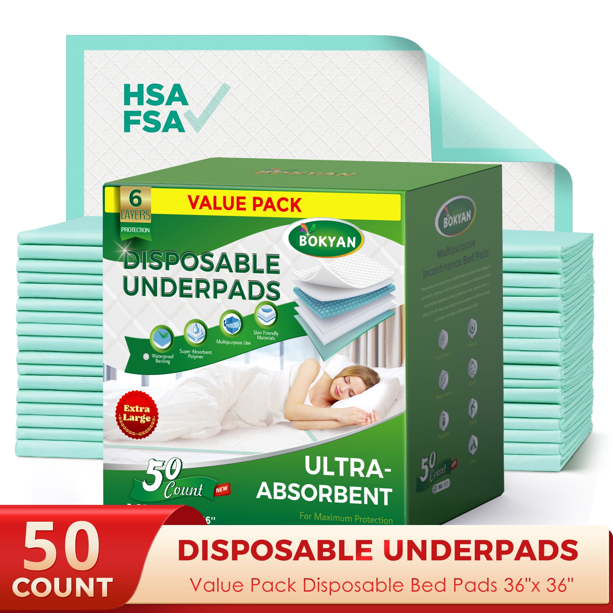 BOKYAN Bed Pads for Incontinence Disposable, 36 x 36 Waterproof ...