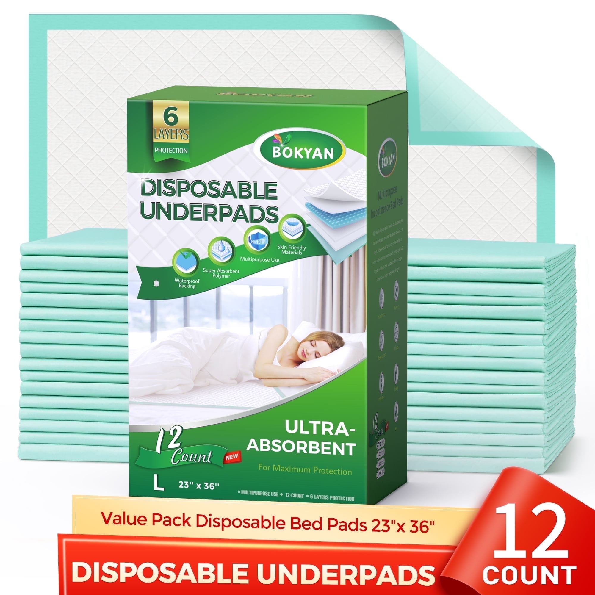BOKYAN Disposable Bed Pads 23” x 36”, Underpads for Incontinence ...