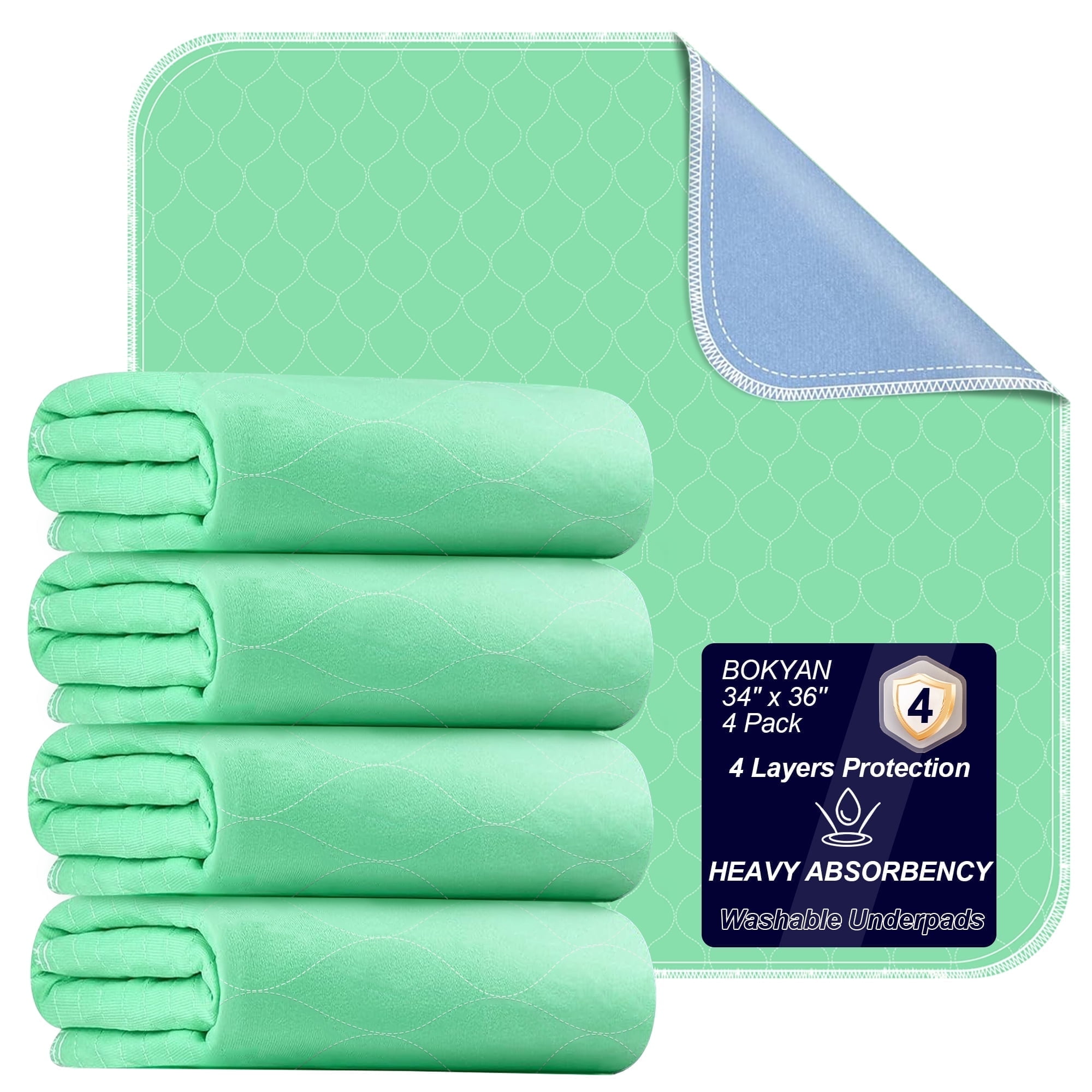 BOKYAN Washable Bed Pads 4 Pack 34"x36", Reusable Incontinence ...