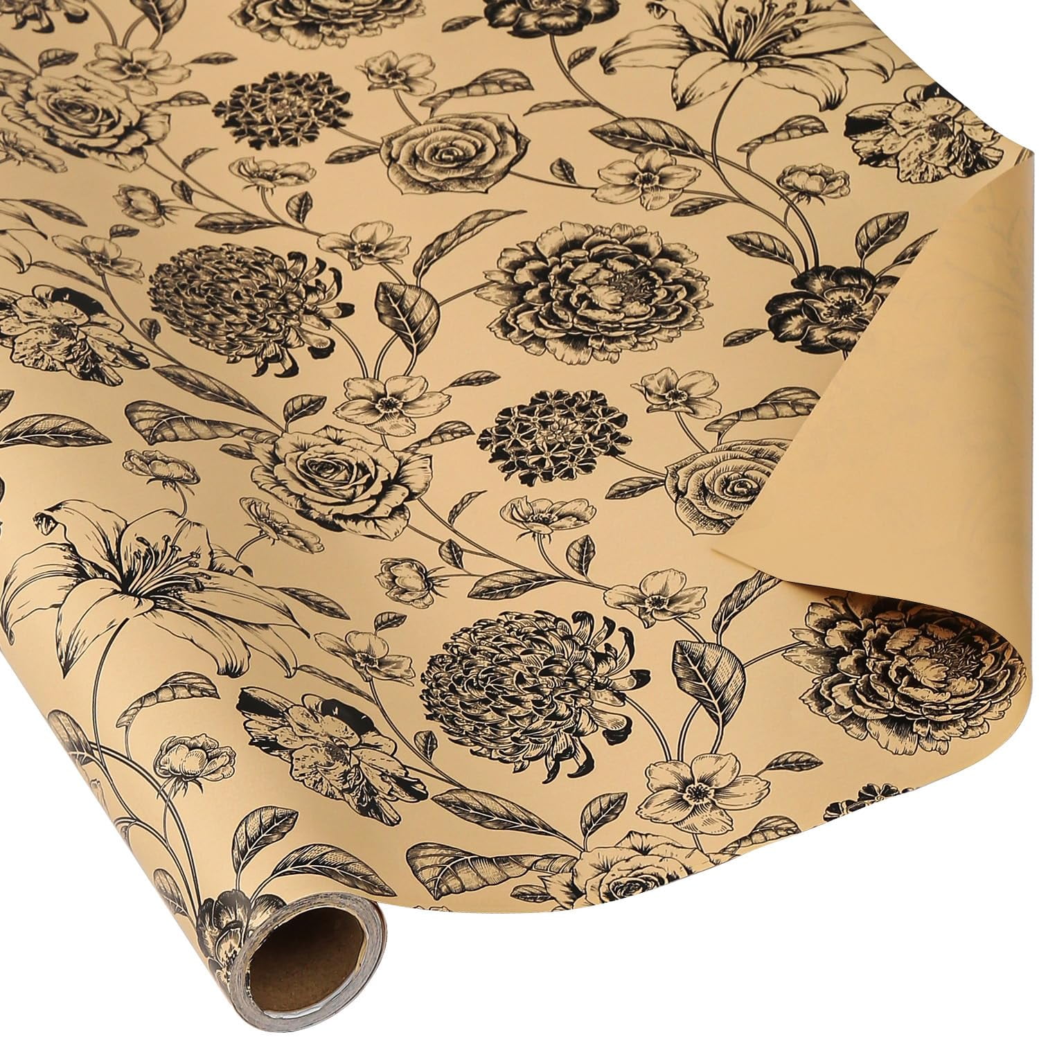 BOLIANNE Floral Wrapping PriNst Paper Roll - Vintage Brown Floral ...