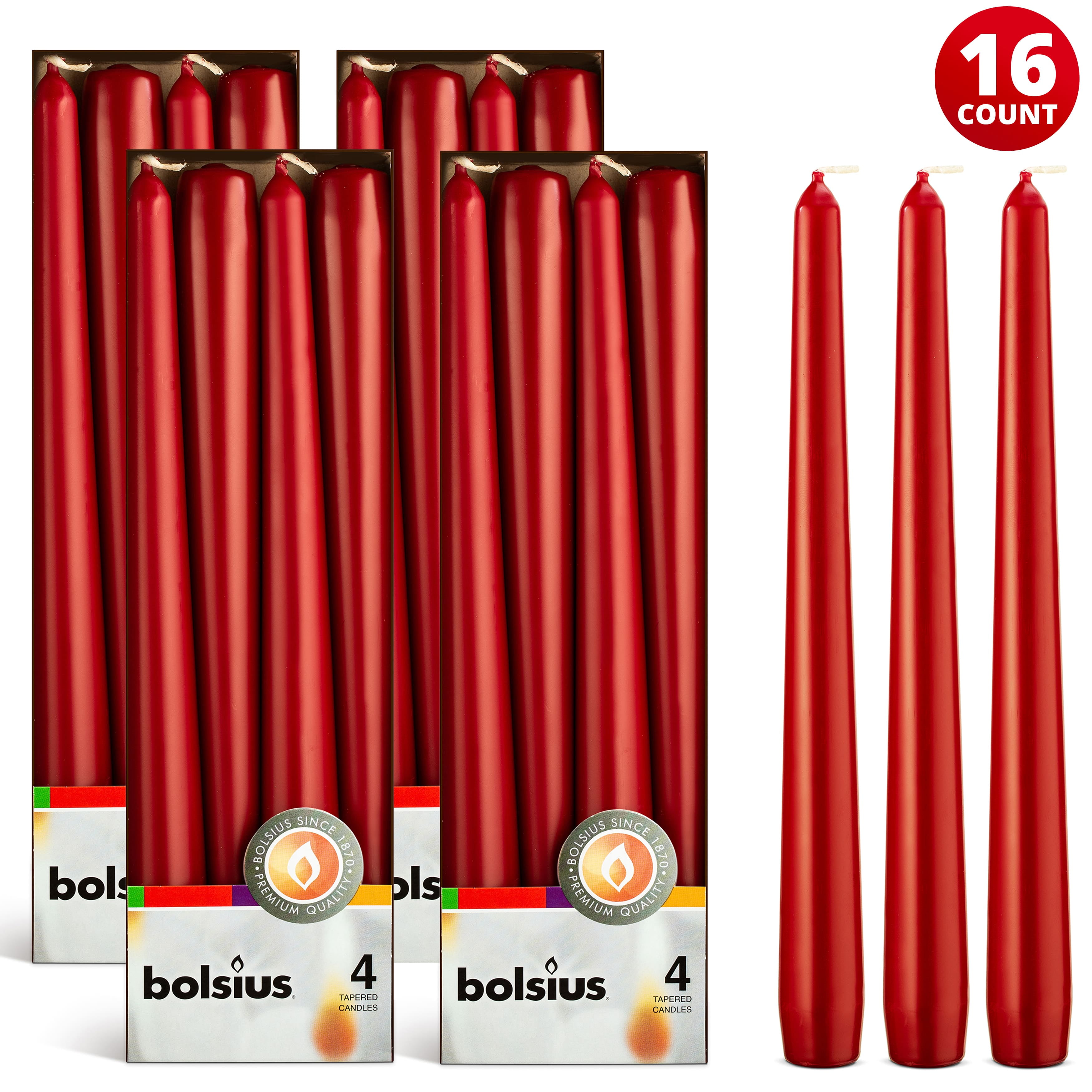 BOLSIUS 16 Deep Red Taper Candles - Smokeless, Unscented 10 Inch Fine ...