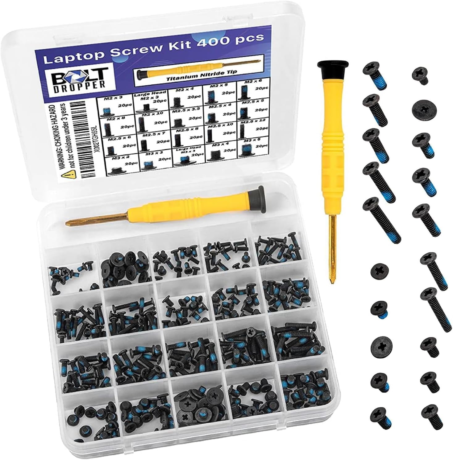 BOLT DROPPER 400pcs Laptop Screws w/Blue Nylok (20 Sizes) Titanium ...
