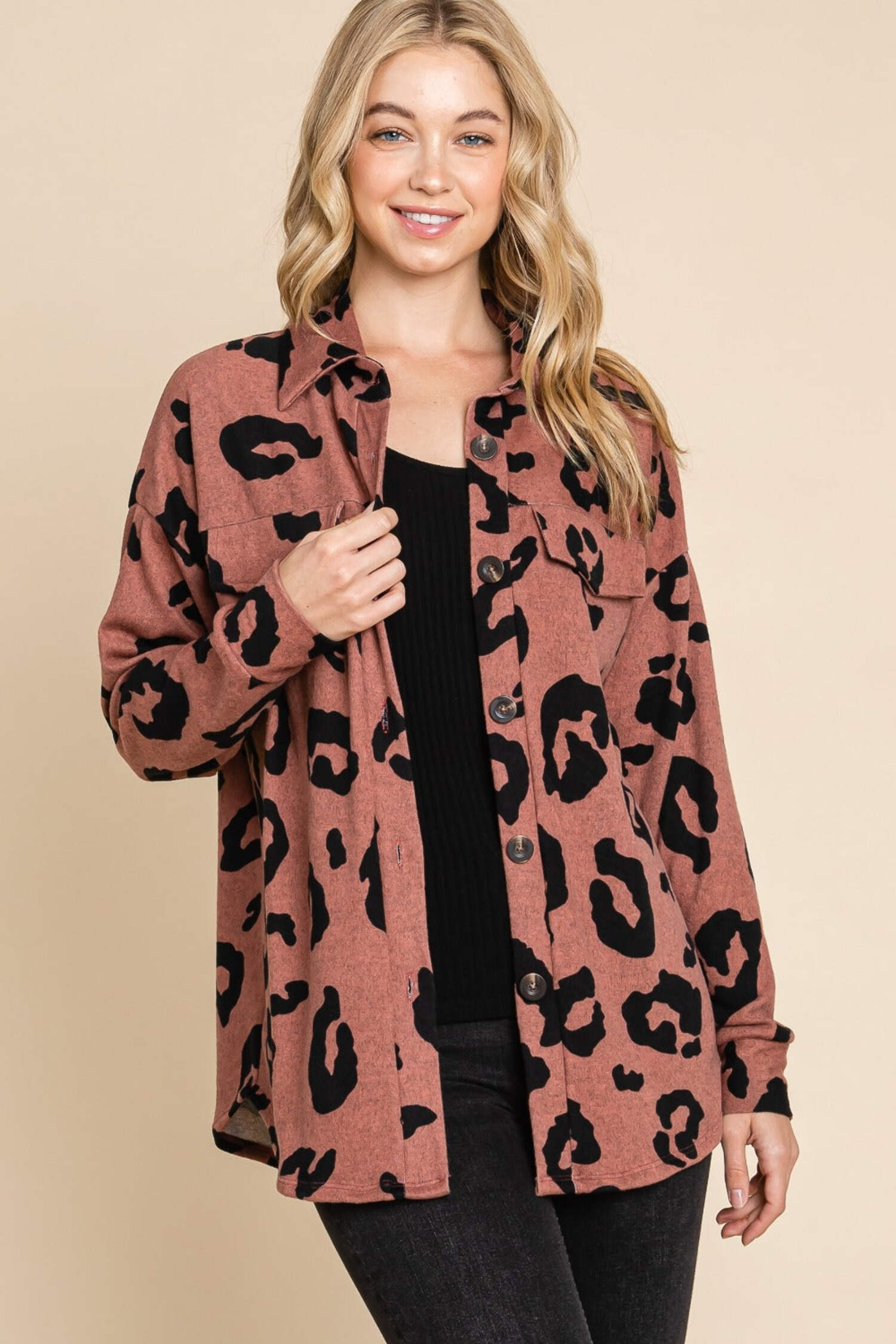 BOMBOM Animal Print Button Up Knit Shacket - Walmart.com