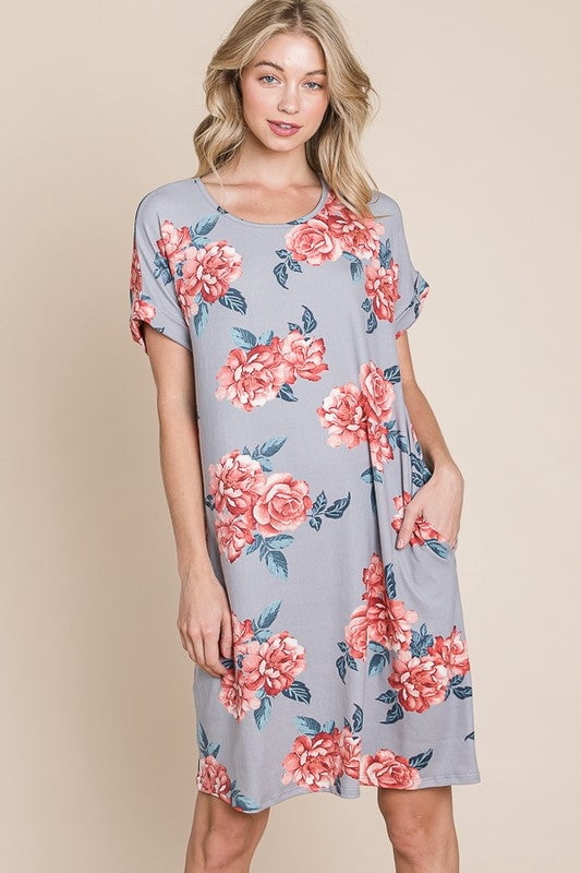 BOMBOM Floral Round Neck Short Tee Dress with Pockets - Walmart.com