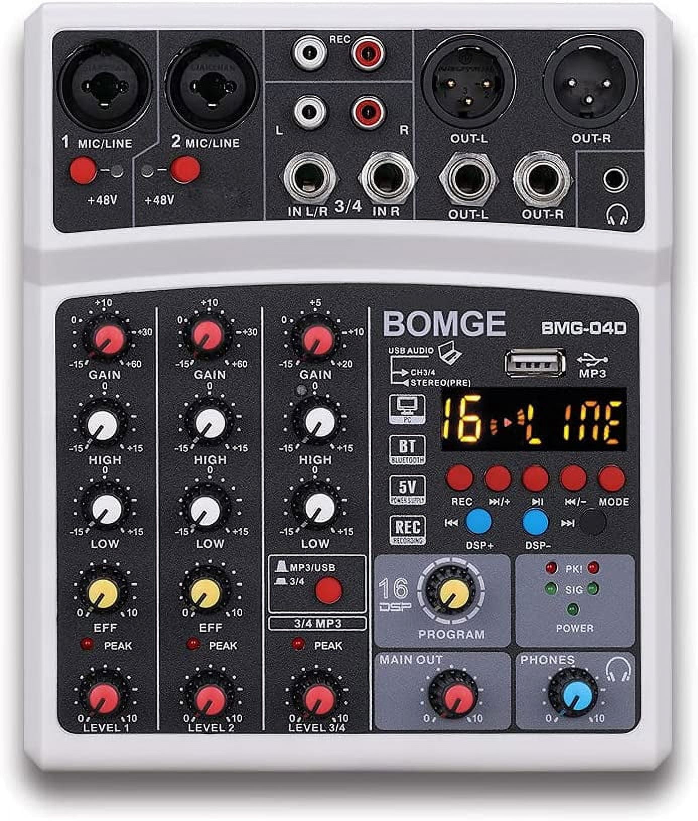 BOMGE 4-Channel DJ Bluetooth Mini Mixer, USB Interface, Stereo Recording, 48V Power for PC ...