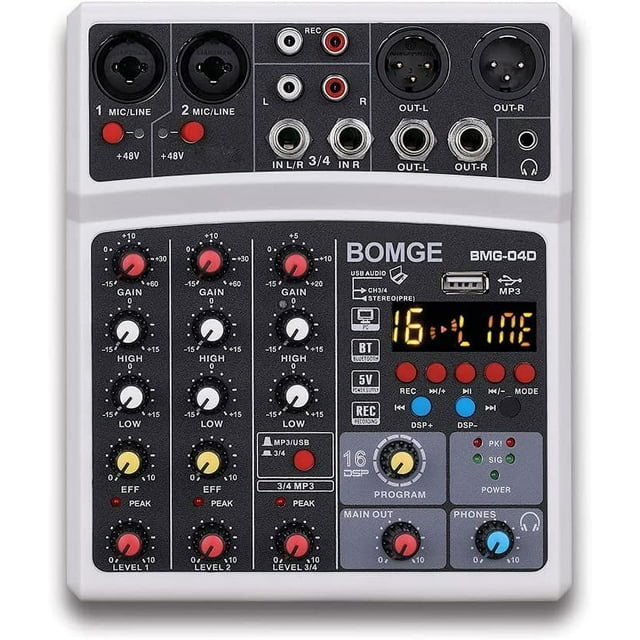 BOMGE 4-Channel DJ Bluetooth Mini Mixer, USB Interface, Stereo Recording, 48V Power for PC ...