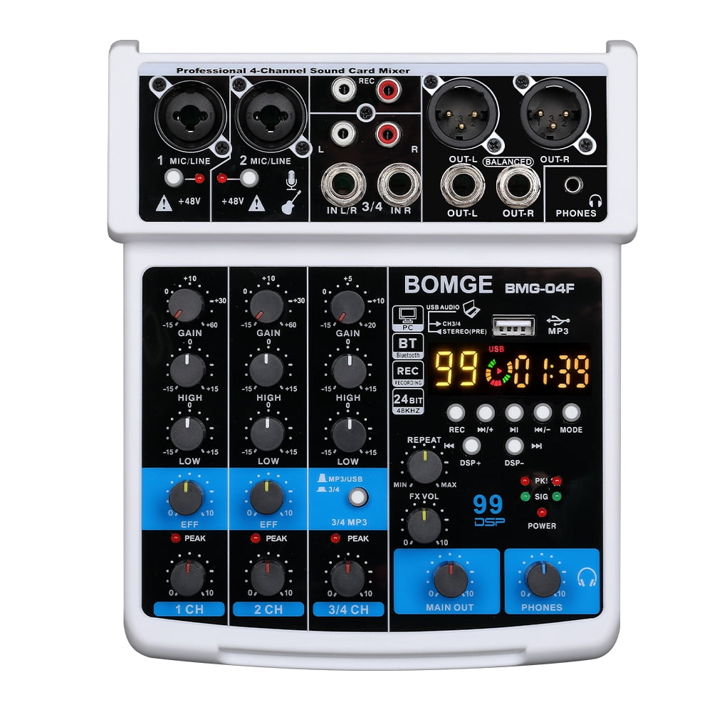 BOMGE 4 Channel mini DJ Audio Sound Mixer Interface with MP3 USB, Bluetooth, Stereo Recording ...