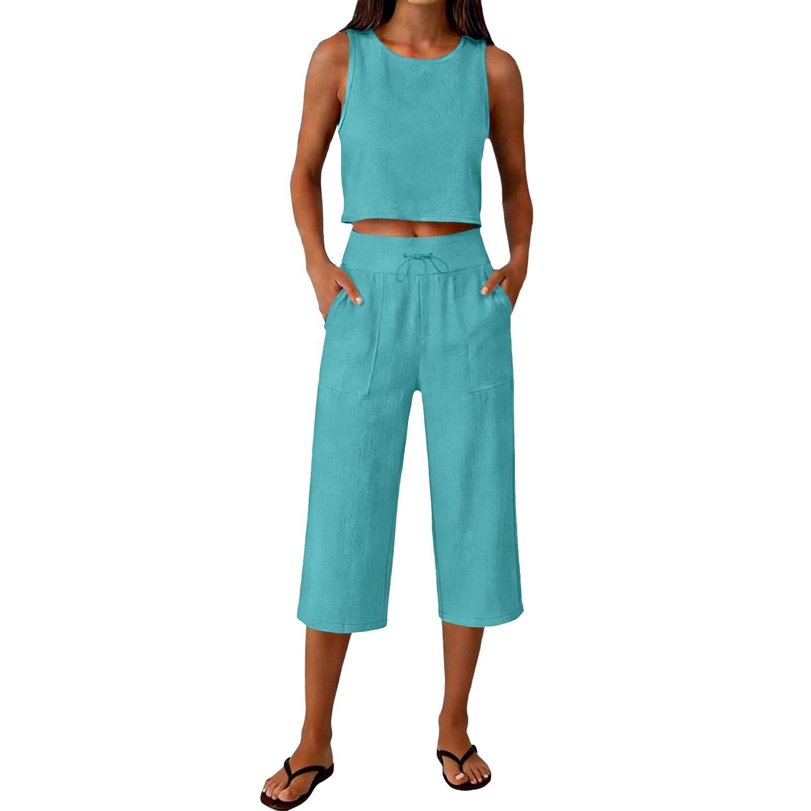 BOMYJESK 2 Piece Sets for Women Summer Square Neck Sleeveless Crop Tops ...
