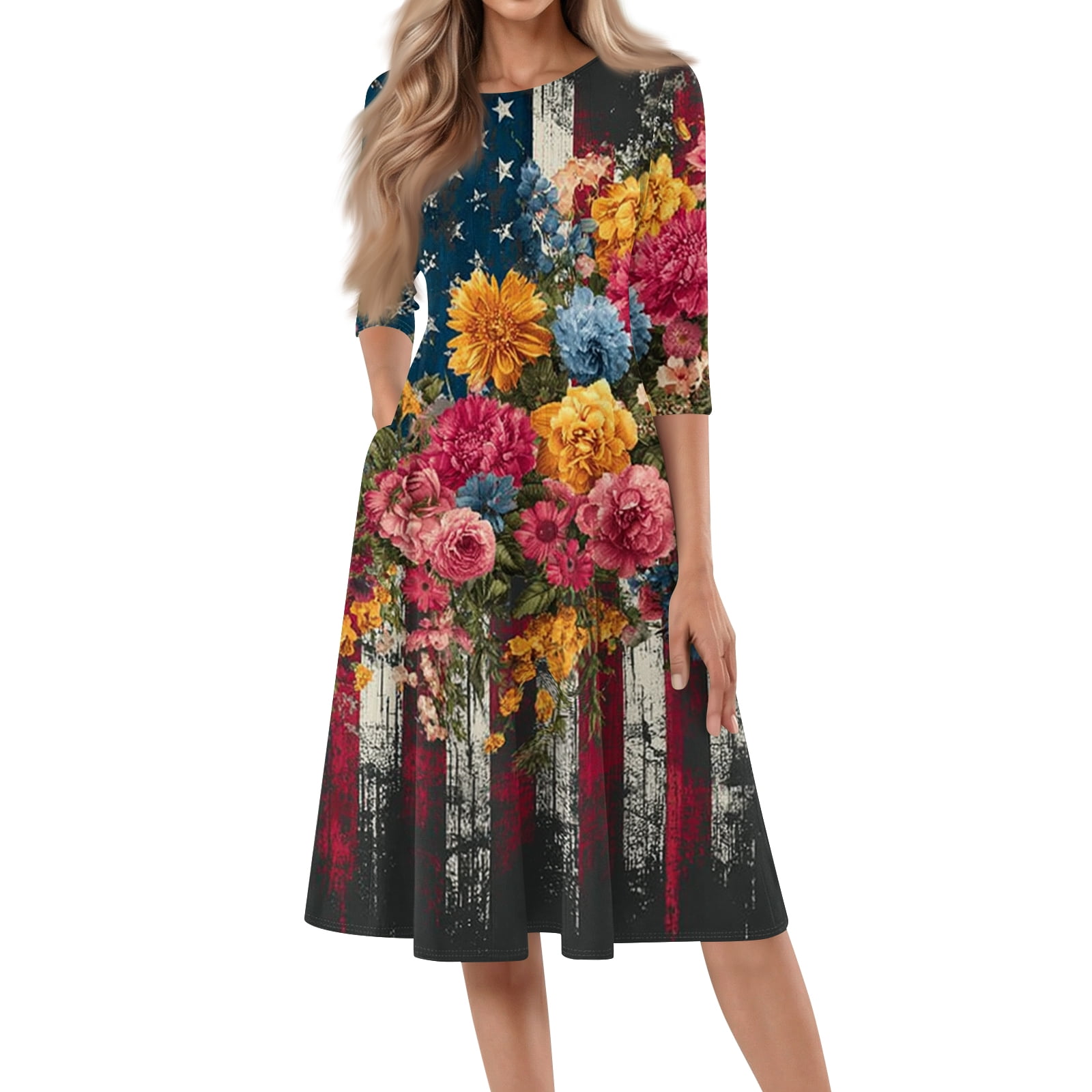 BOMYJESK 250th Anniversary USA Flag Floral Maxi Dresses for Women ...