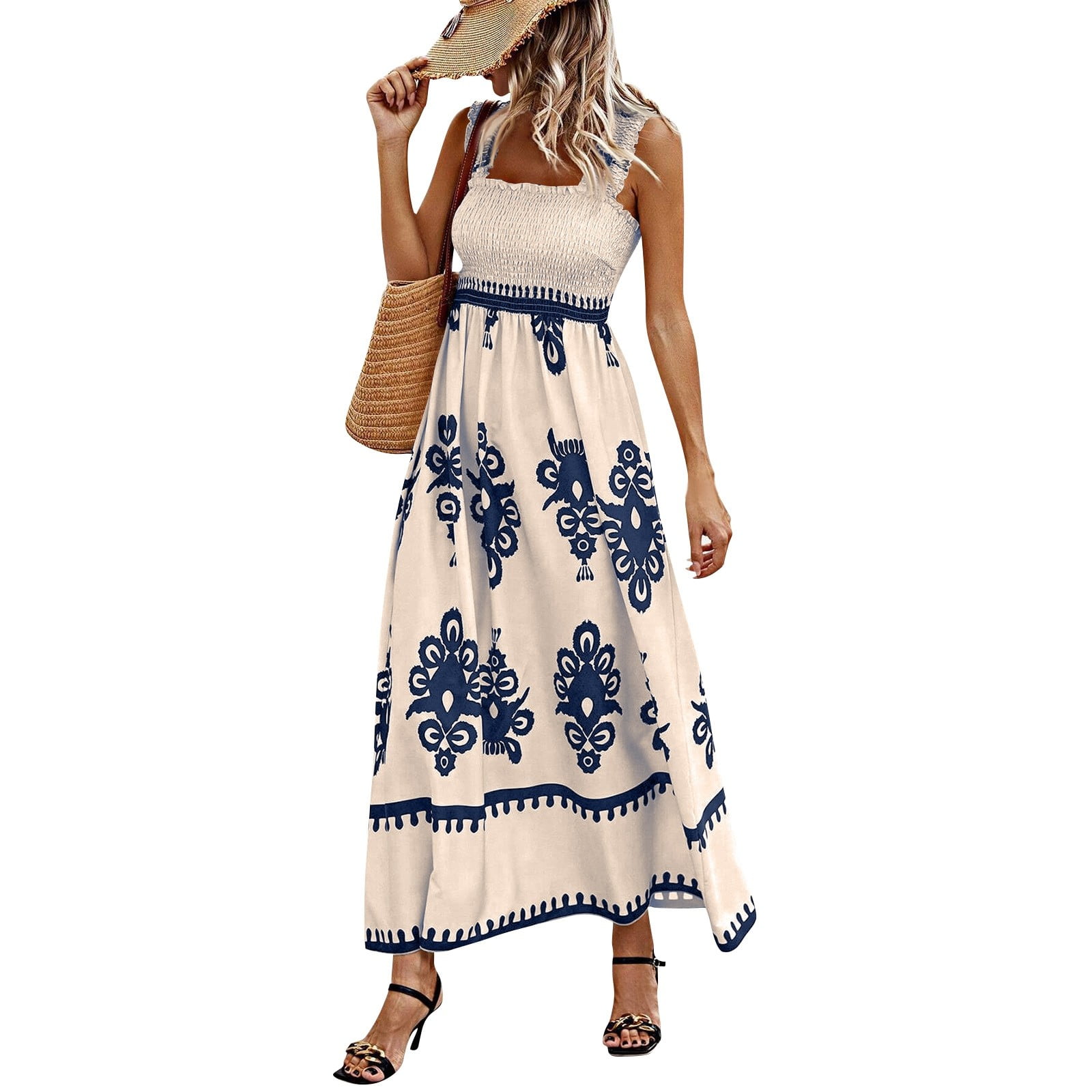 BOMYJESK Bohemian Dress for Women Casual Spaghetti Strap Summer Dresses Floral Printed Square ...