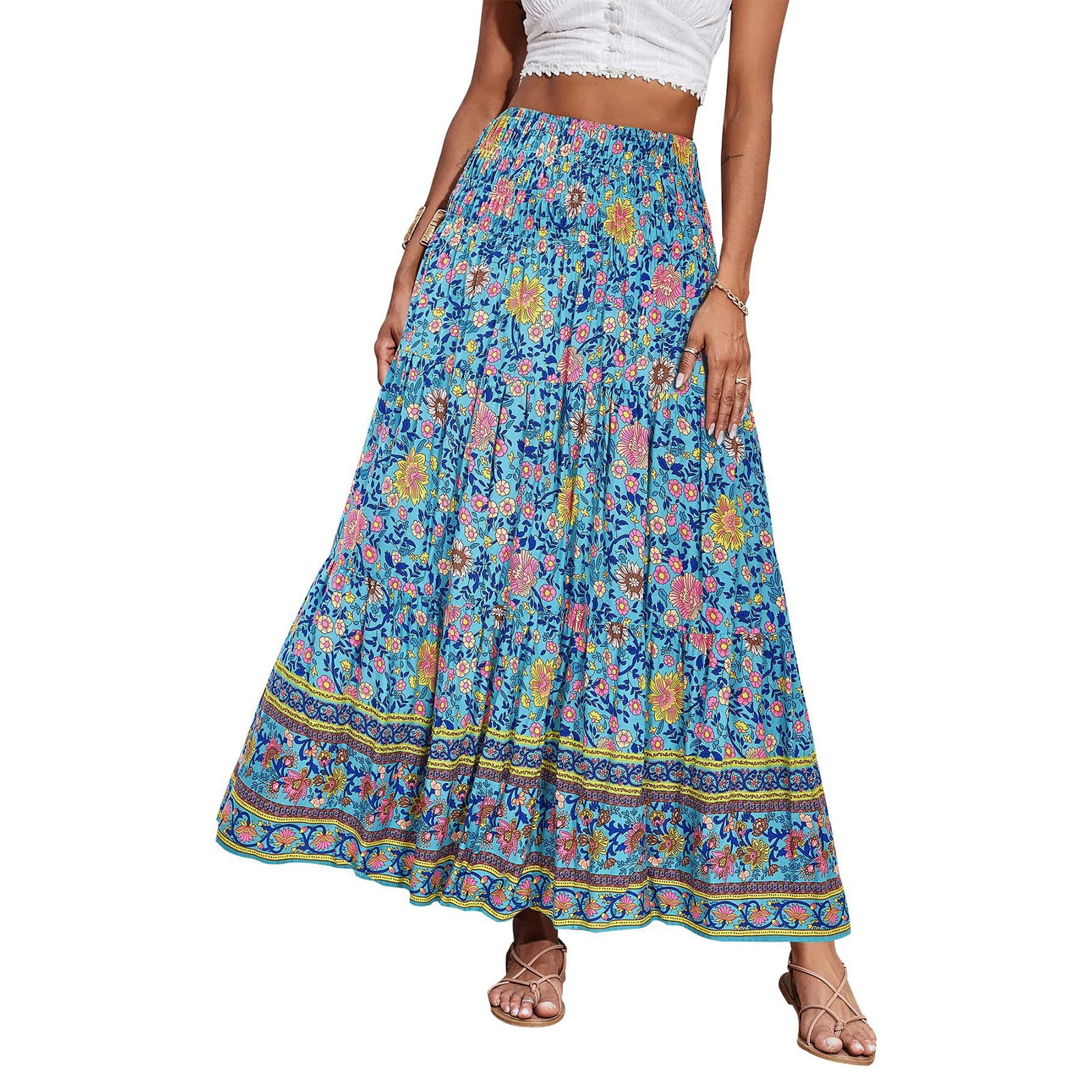 BOMYJESK Boho Skirts for Women Summer Long Skirt Swing Smocked A-Line ...