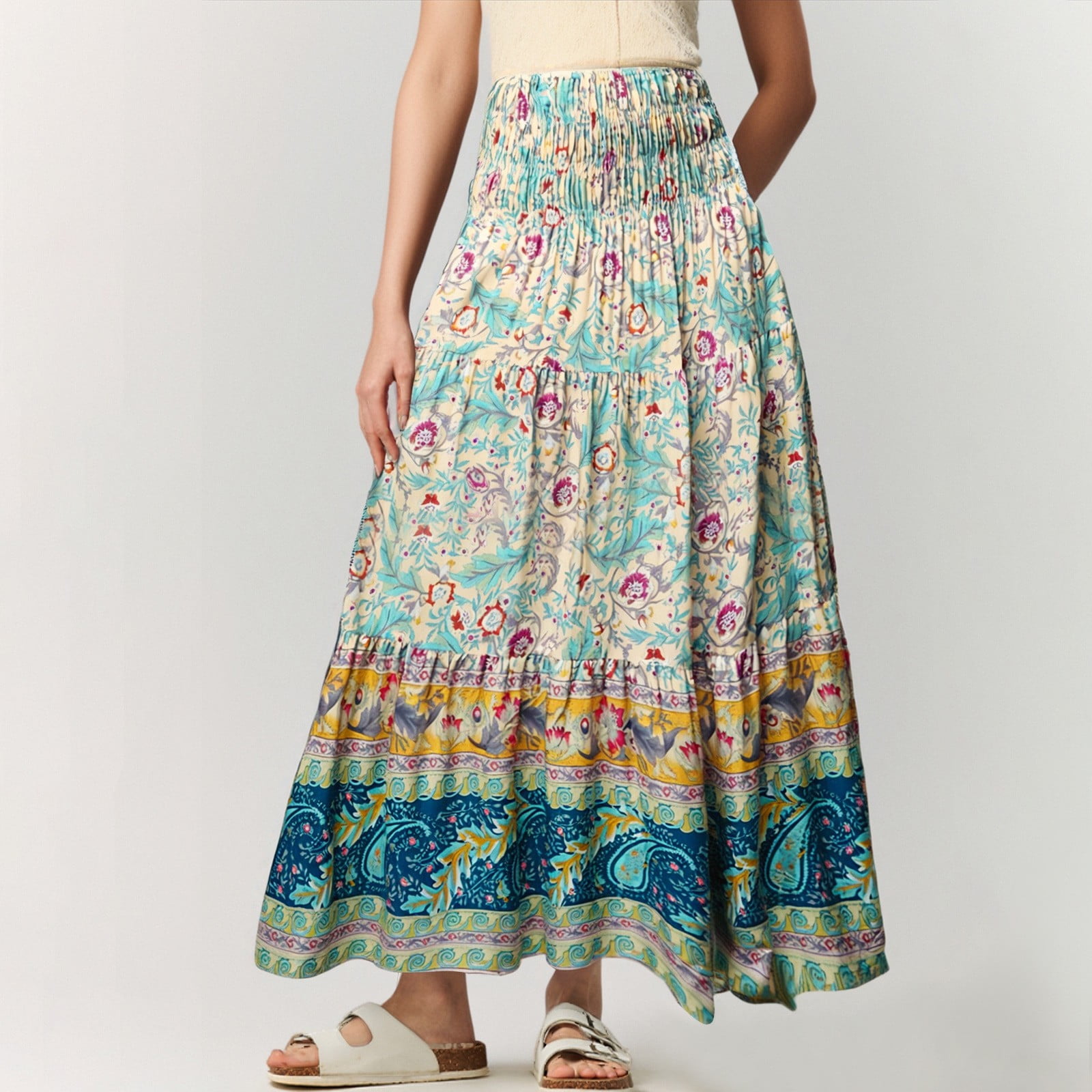 BOMYJESK Boho Skirts for Women Summer Maxi Skirts Flowy Pleated A-Line ...