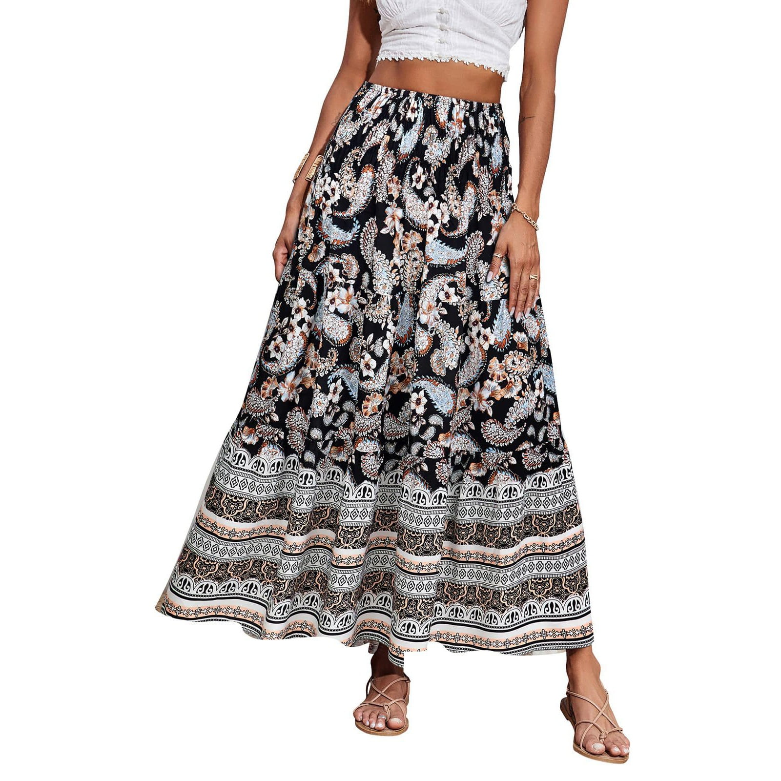 BOMYJESK Floral Skirts for Women Summer Long Skirts Swing Smocked A ...