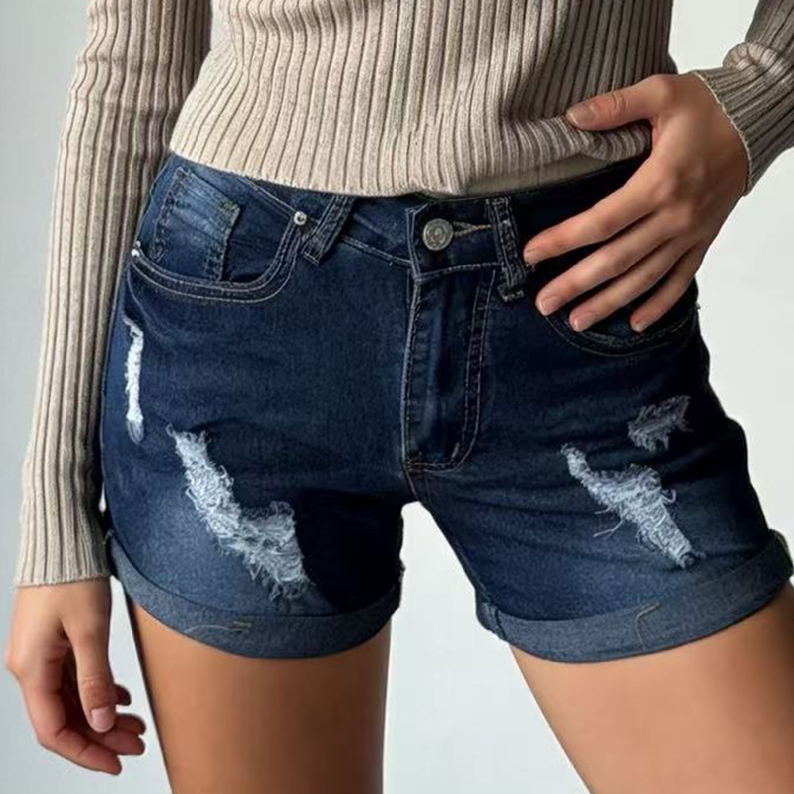 BOMYJESK Jean Shorts Womens Mid Rise Denim Shorts Casual Frayed Ripped ...
