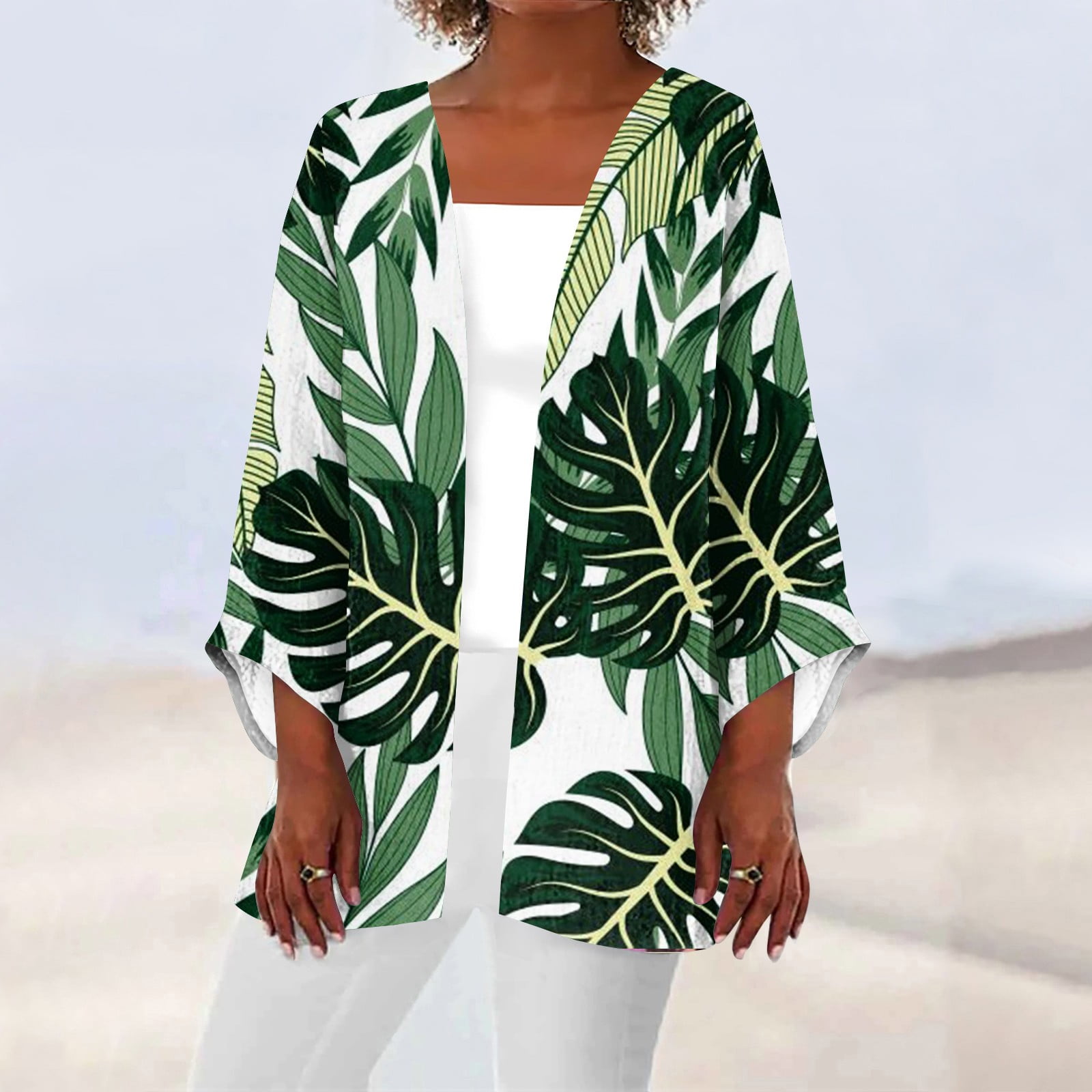 Bomyjesk Lightweight Spring Kimonos 34 Sleeve Kimono Cardigans For Women Open Front Shrug