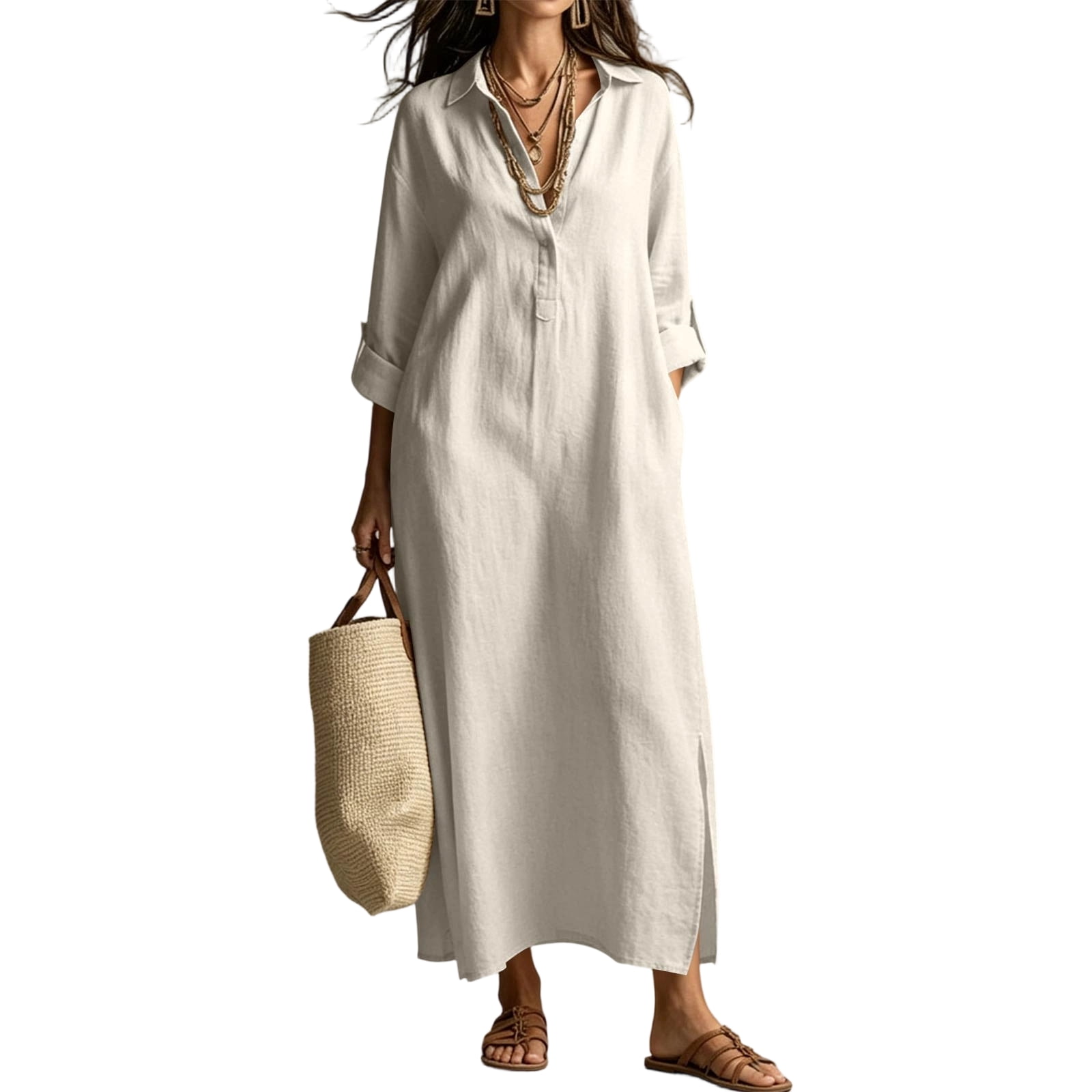 BOMYJESK Linen Dress Women Casual Long Shirt Dresses Cute Button ...