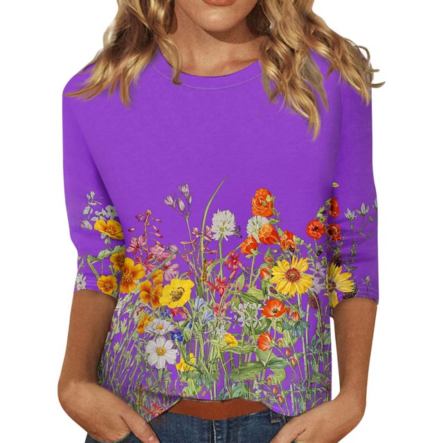 Bomyjesk Sexy Tops For Women Boho 3 4 Length Sleeve Tshirts Crewneck