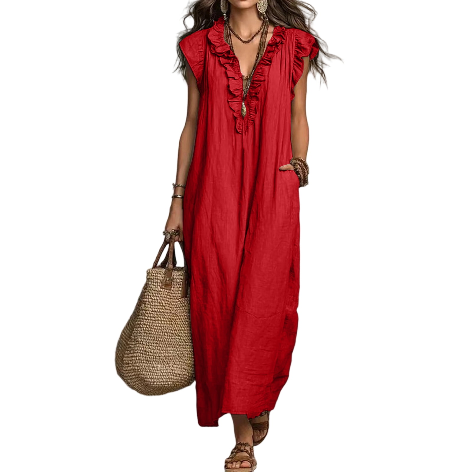 BOMYJESK Spring Dresses for Women Ruffle Cap Sleeve V Neck 2026 Cotton ...