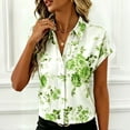 BOMYJESK Tuckable Hem Satin Floral Blouses Women Short Sleeve Collar ...