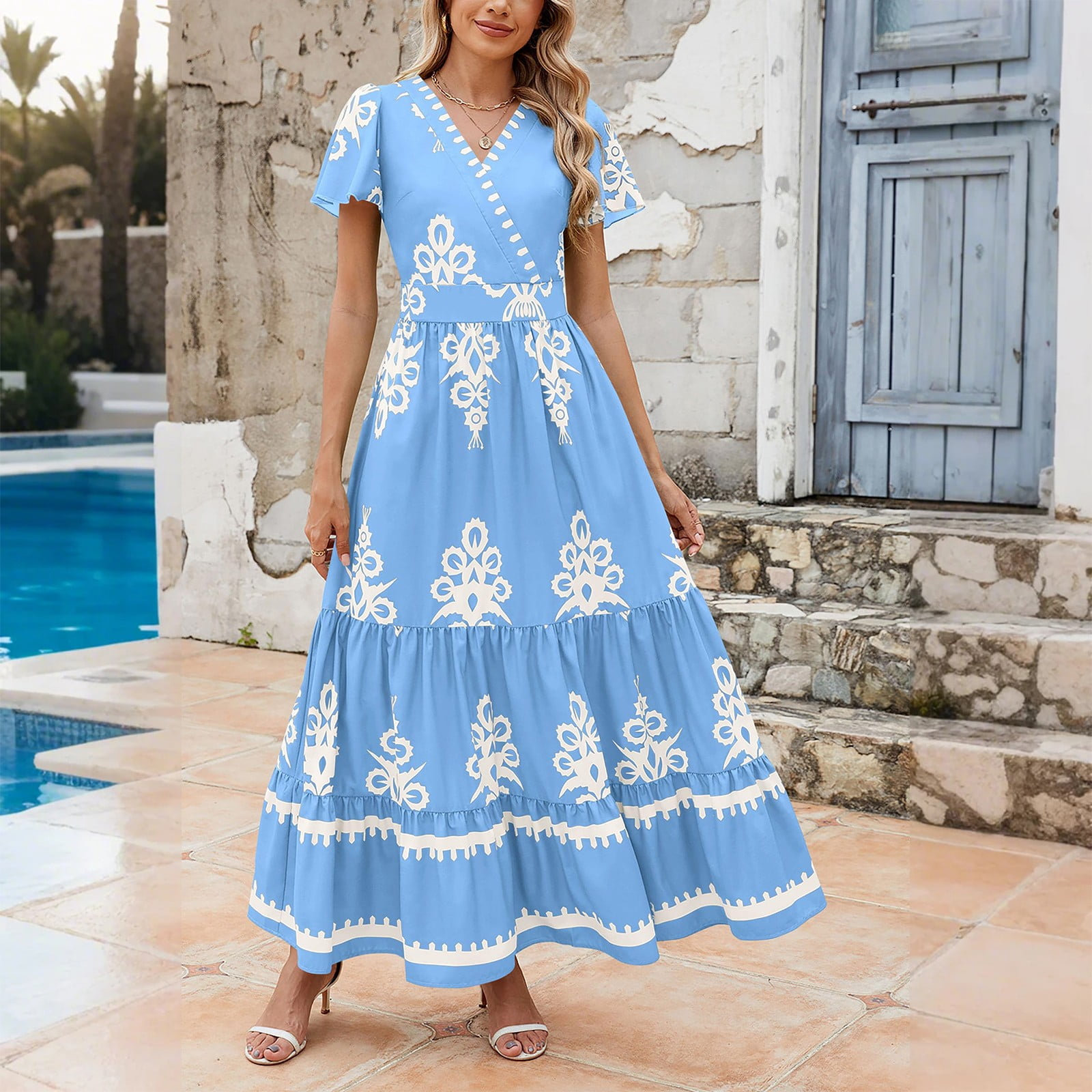 BOMYJESK Vacation Dresses for Women 2025 Flowy Boho Dresses V Neck Wrap ...