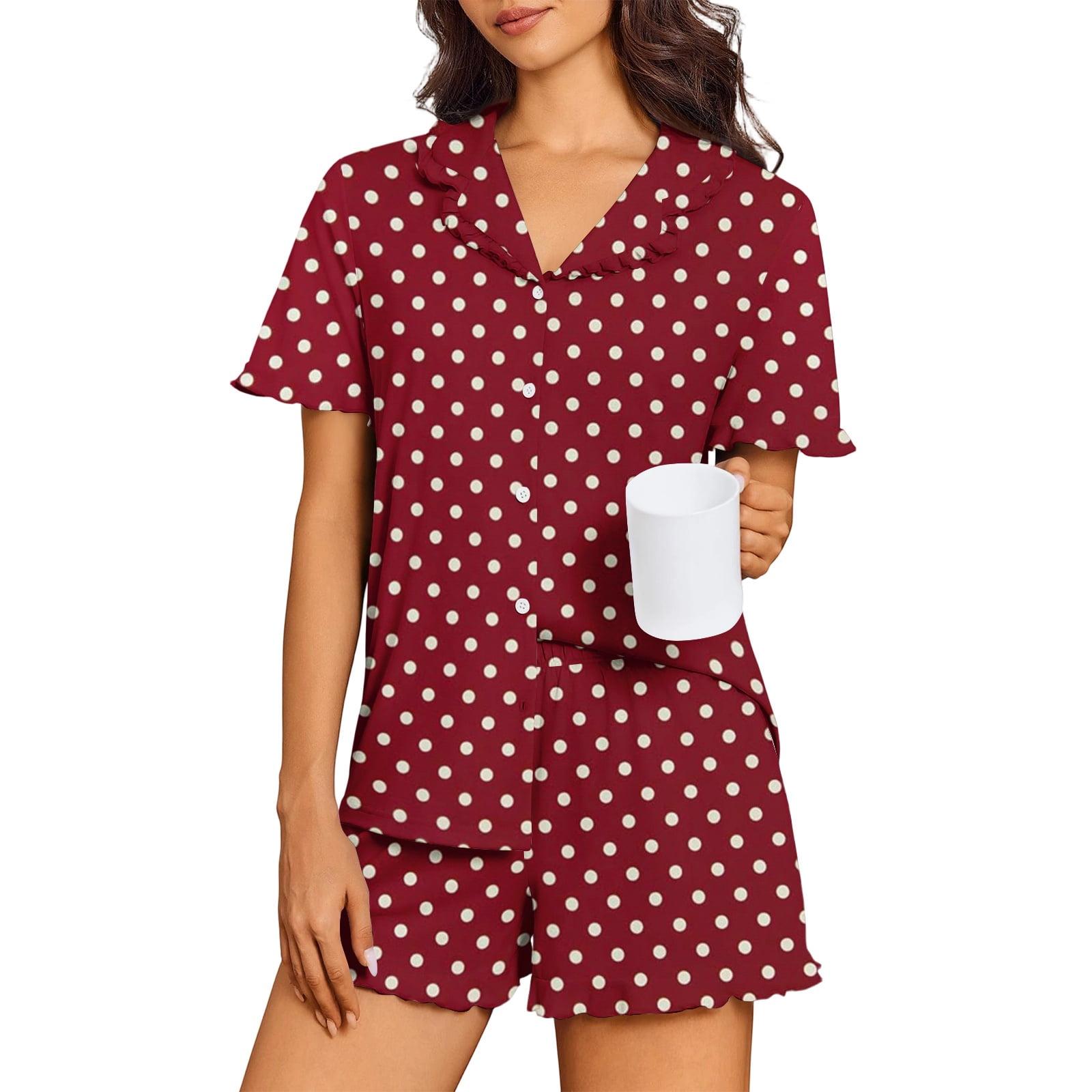 BOMYJESK Women Pajama Sets Ruffle Cute Pjs with Shorts Polka Dots Short ...