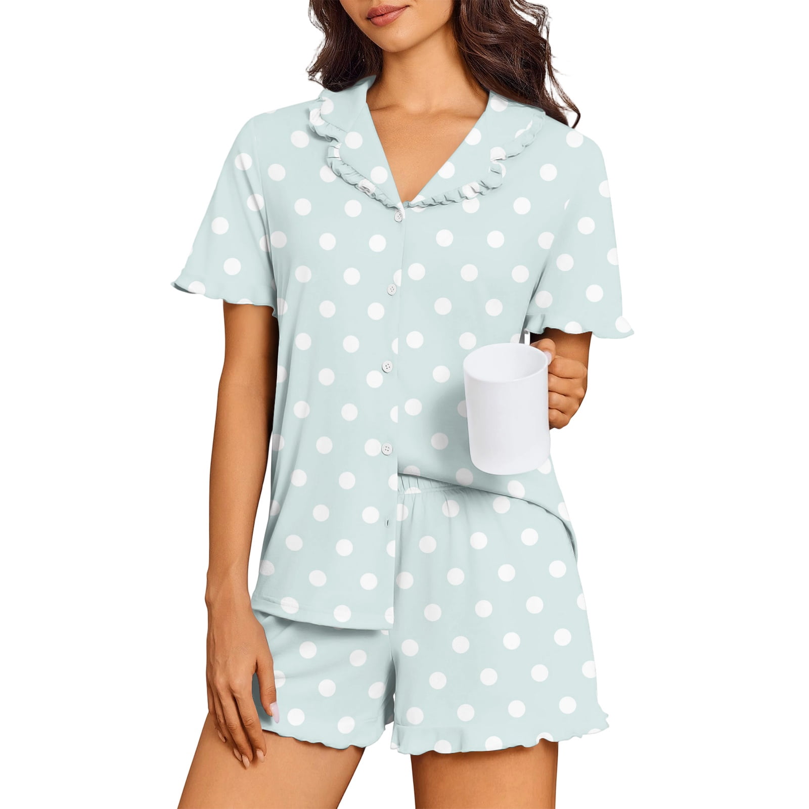 BOMYJESK Women's Pajama Sets Button Down Polka Dots Ruffle Cute Pjs ...
