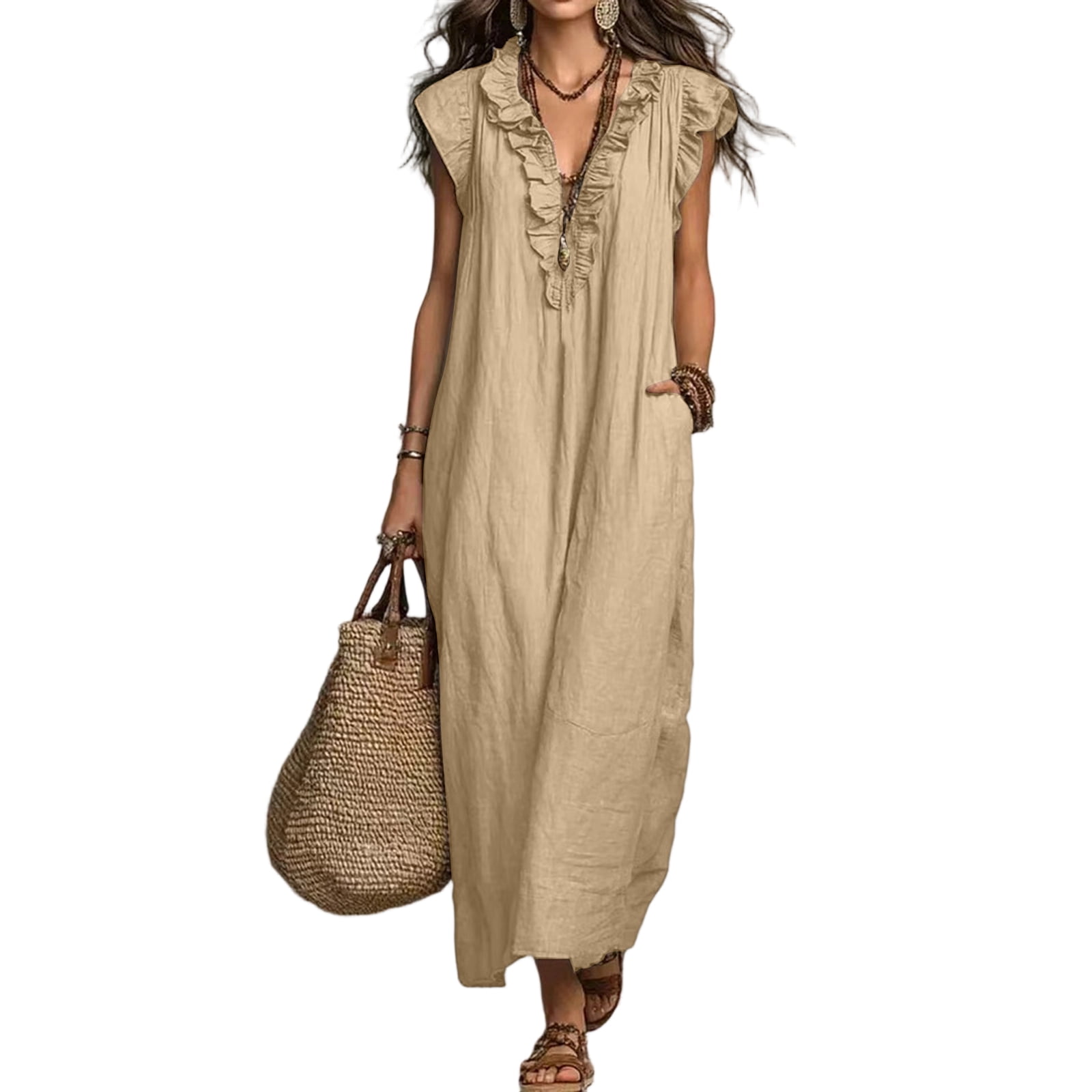 BOMYJESK Womens Dresses Ruffle Cap Sleeve V Neck 2026 Cozy Cotton Linen ...